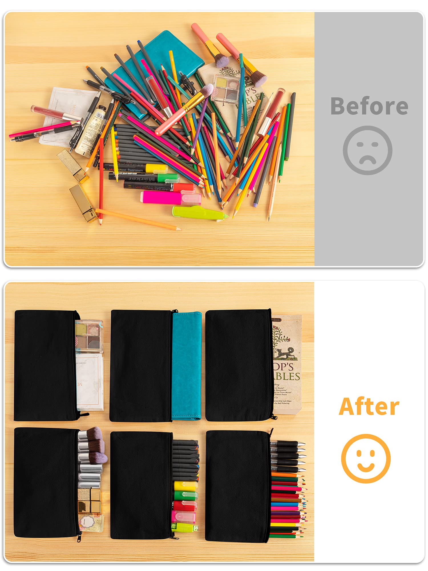 JARLINK 16 Pack Blank Canvas DIY Craft Pencil Case with Zipper, Multipurpose Traveling Toiletry Pouch Bags for School, Makeup, Cash, Office, Bill, Receipt Storage, 8.3’’ x 4.6’’ Inch (Black)
