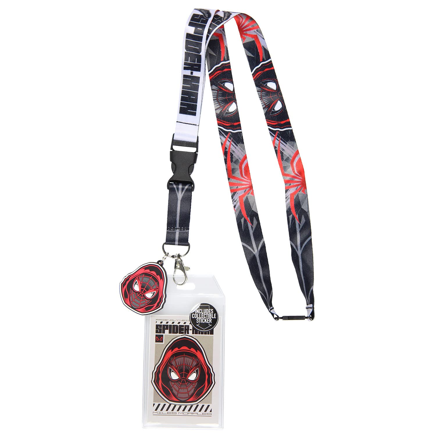 Marvel Spider-Man Miles Morales ID Lanyard Badge Holder with Rubber Charm Pendant and Collectible Sticker