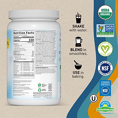 Tasty Organic Vanilla Meal Replacement Shake Vegan - Garden of Life - 20g Complete Plant Based Protein, Greens, Digestive Enzymes, Pro & Prebiotics for Easy Digestion – Non-GMO, Gluten-Free, 2.3 LB,Packaging may vary