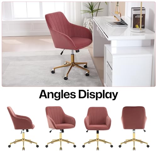 KCC Velvet Home Office Desk Chair with Gold Base, Modern Height Adjustable 360° Swivel Upholstered Vanity Chairs with Arms for Living Room Bedroom, Rose