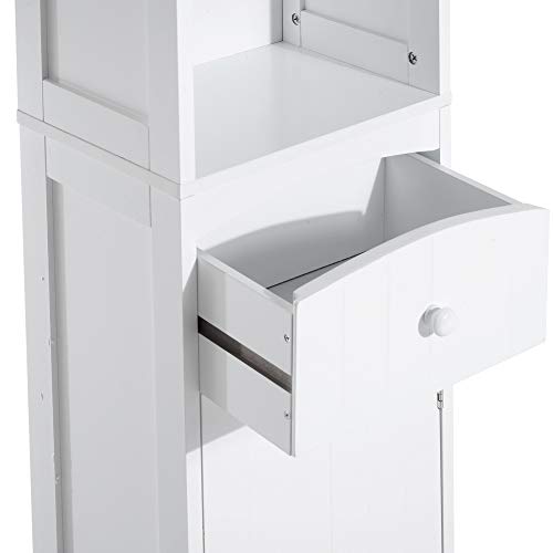HOMCOM Bathroom Storage Cabinet, Free Standing Bath Storage Unit, Tall Linen Tower with 3-Tier Shelves and Drawer, White