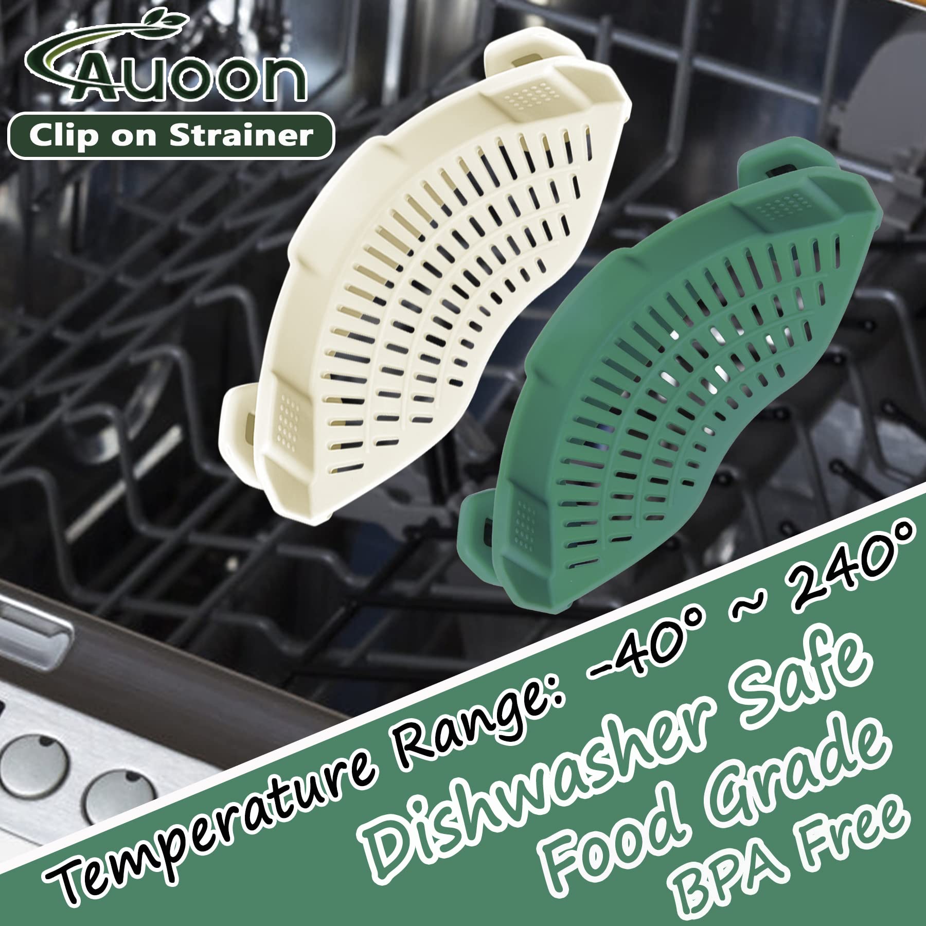 AUOON Clip On Strainer Silicone for All Pots and Pans, Pasta Strainer Clip on Food Strainer for Meat Vegetables Fruit Silicone Kitchen Colander (White)