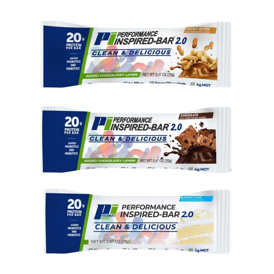 Performance Inspired Nutrition Protein Bar 2.0 – 20G Protein, 6G Fiber, 4G MCTs, 1 Billion CFU Probiotics – Gluten-Free – Peanut Butter Flavor – 12 Count