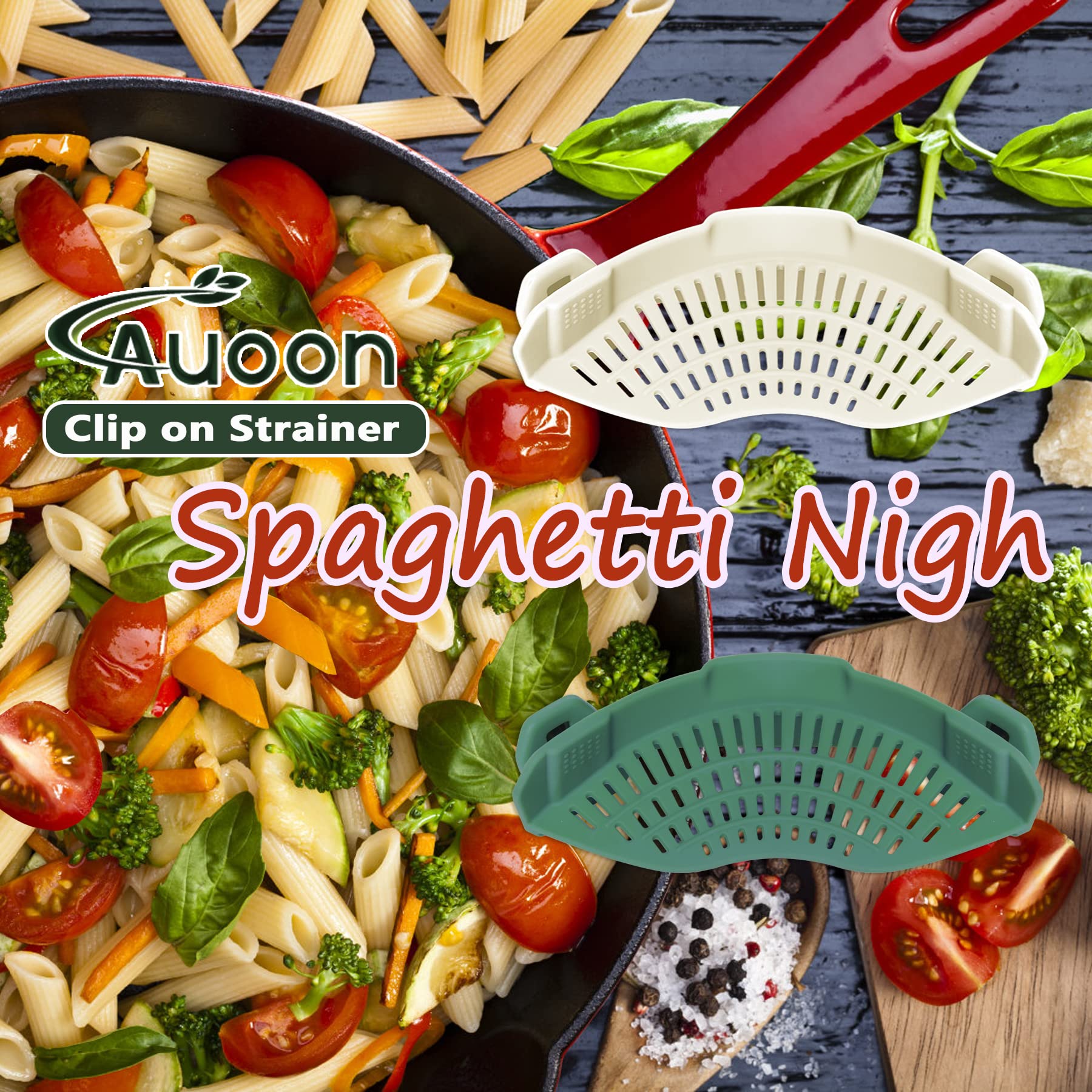 AUOON Clip On Strainer Silicone for All Pots and Pans, Pasta Strainer Clip on Food Strainer for Meat Vegetables Fruit Silicone Kitchen Colander (White)