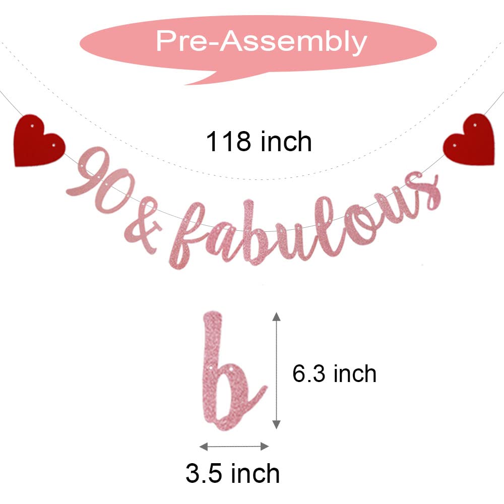 WEIANDBO 90 & Fabulous Rose Gold Glitter Banner,Pre-Strung,90TH Birthday/Wedding Anniversary Party Decorations Bunting Sign Backdrops,90 & fabulous