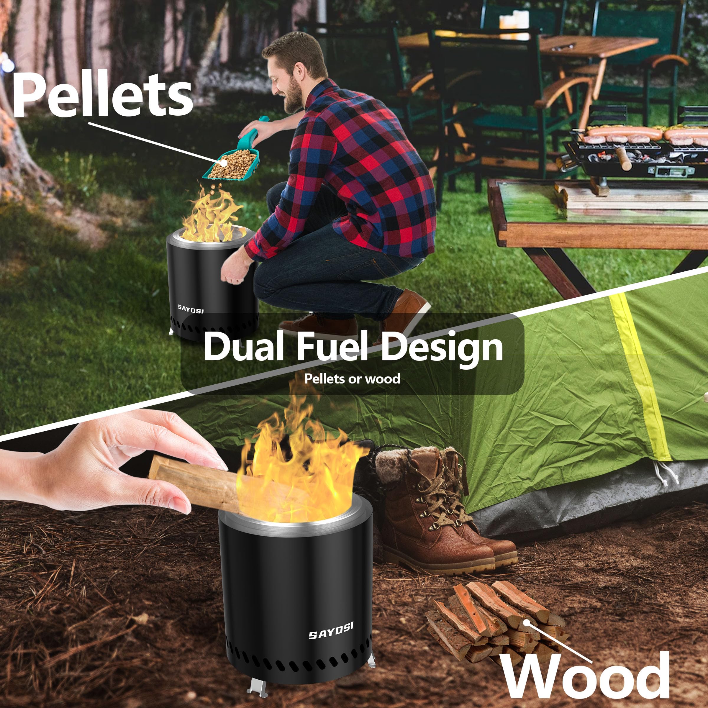 SAYDSI 9.8'' x 8.6'' Smokeless Fire Pit with Stand Portable Outdoor Firepit Ideal for Camping and Backyard,| Wood Burning Fireplaces w/Removable Ash Pan,Travel Bag,Stainless Steel(Black)