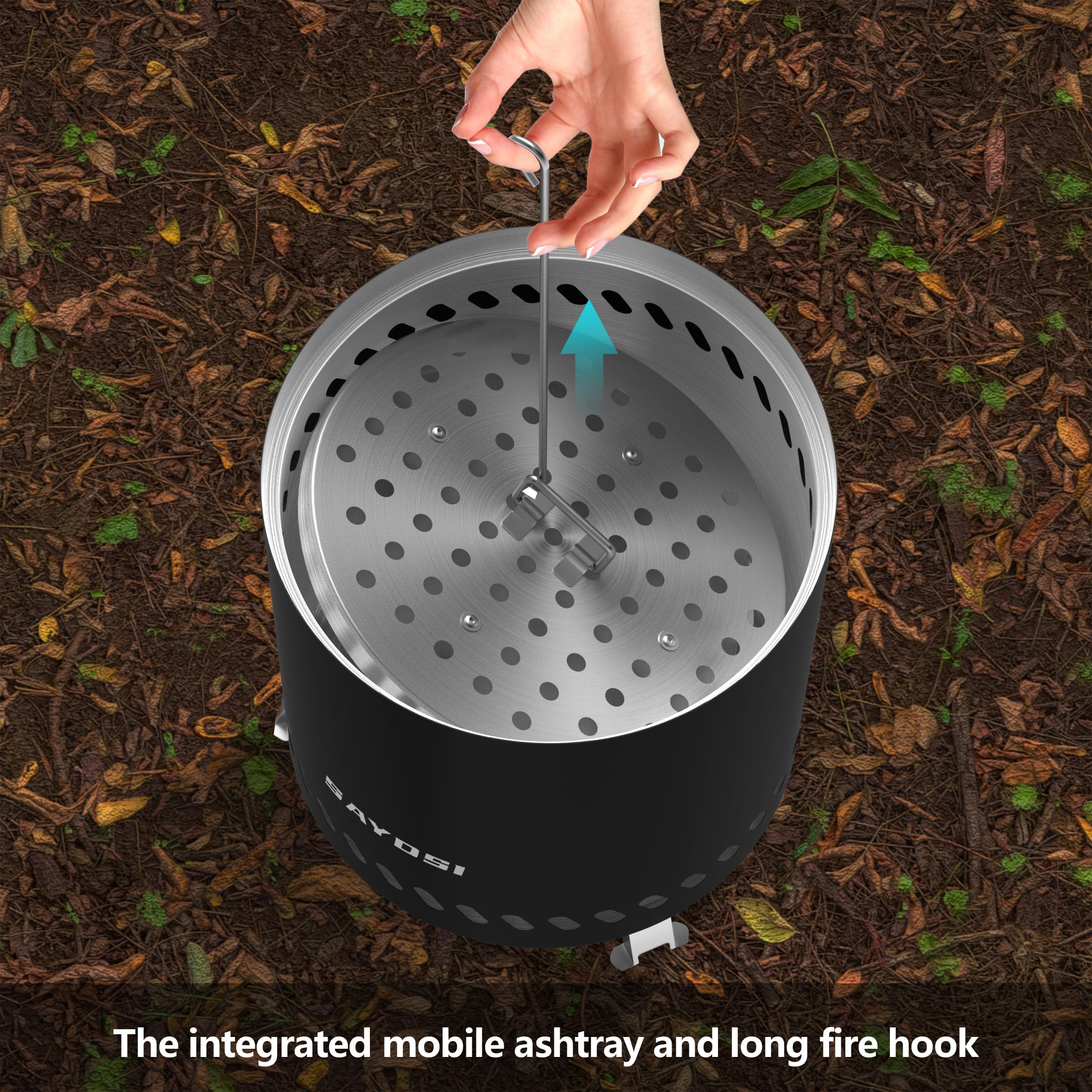 SAYDSI 9.8'' x 8.6'' Smokeless Fire Pit with Stand Portable Outdoor Firepit Ideal for Camping and Backyard,| Wood Burning Fireplaces w/Removable Ash Pan,Travel Bag,Stainless Steel(Black)