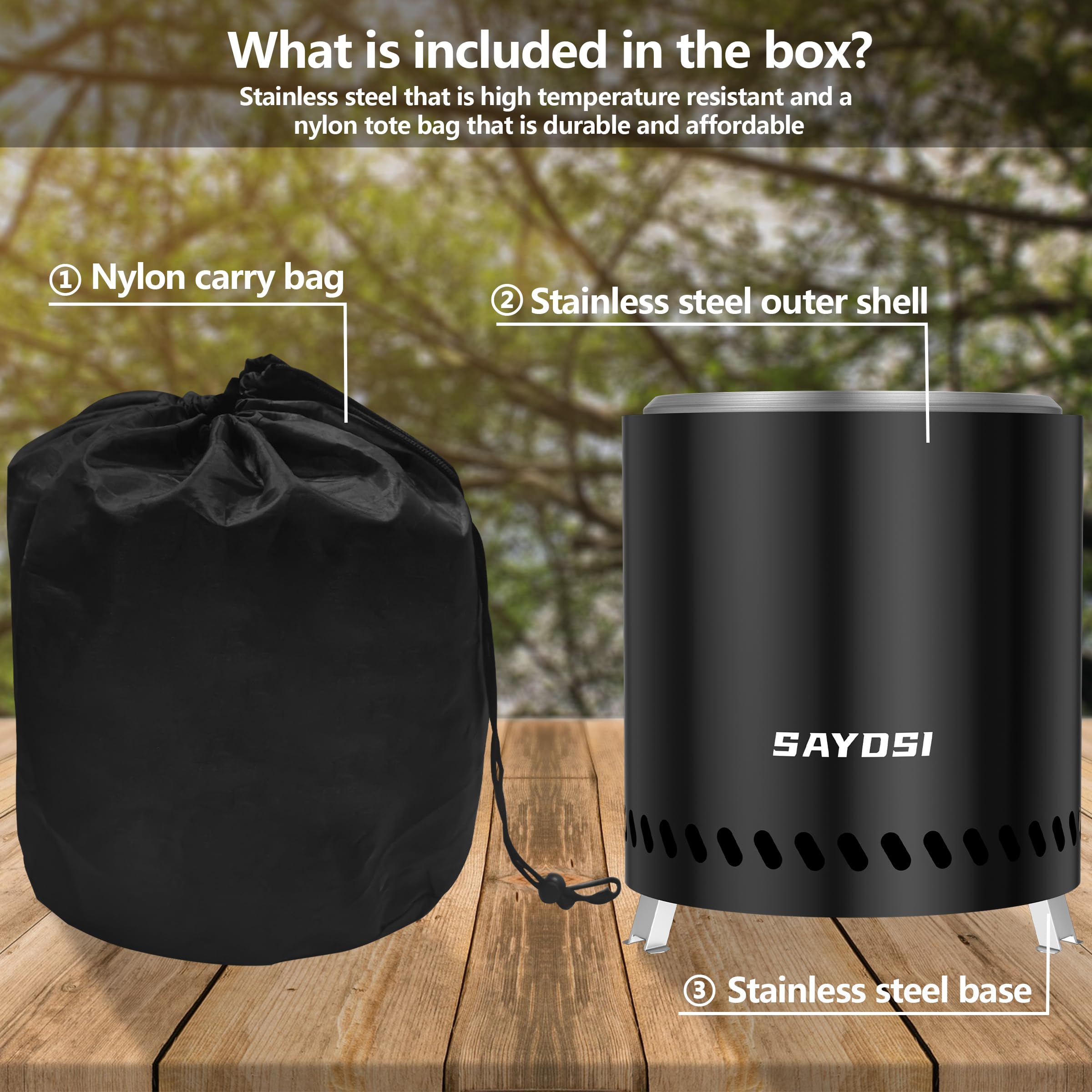 SAYDSI 9.8'' x 8.6'' Smokeless Fire Pit with Stand Portable Outdoor Firepit Ideal for Camping and Backyard,| Wood Burning Fireplaces w/Removable Ash Pan,Travel Bag,Stainless Steel(Black)