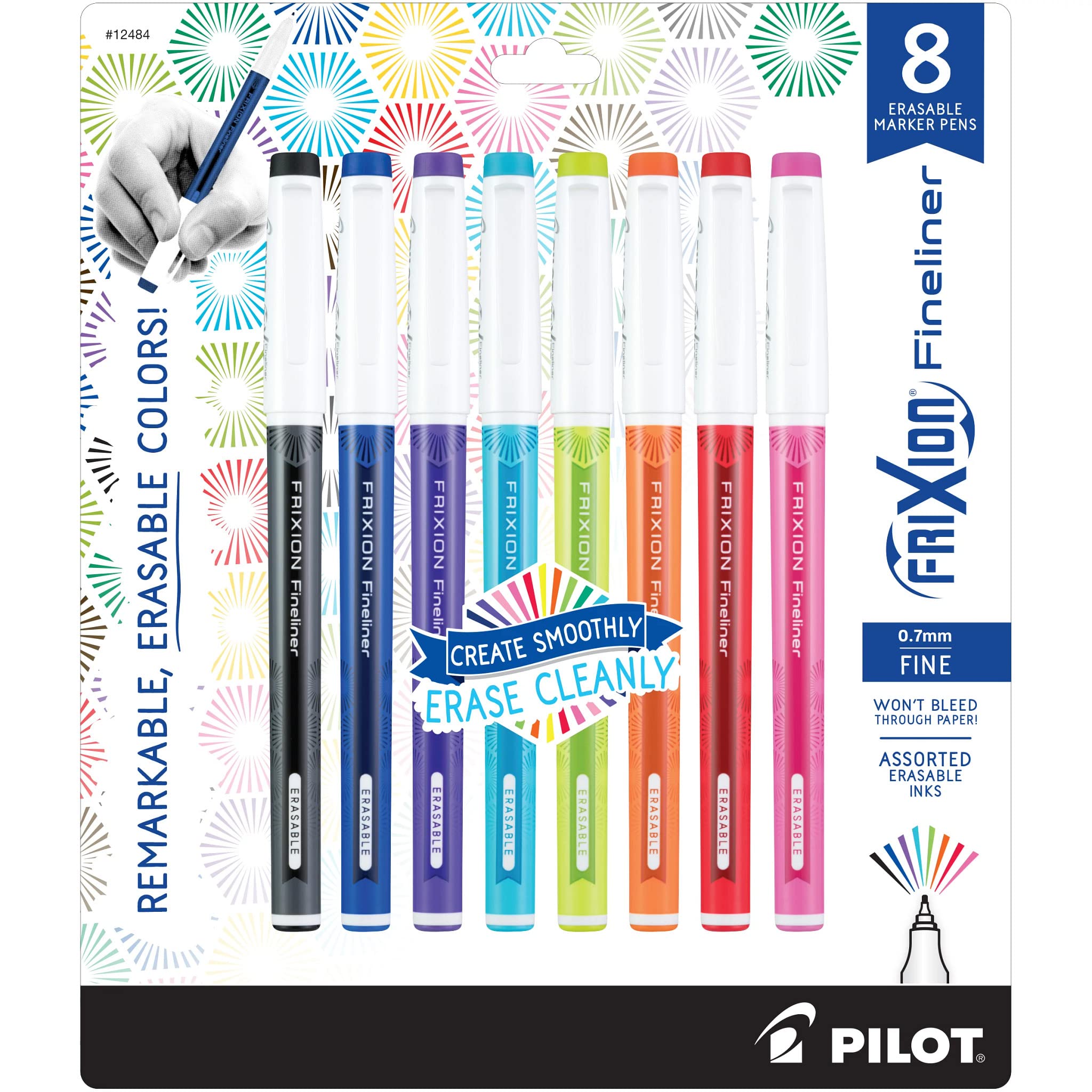 PILOT Pen 12484 FriXion Fineliner Erasable Marker Pens, Fine Point, Assorted Color Inks, 8-Pack