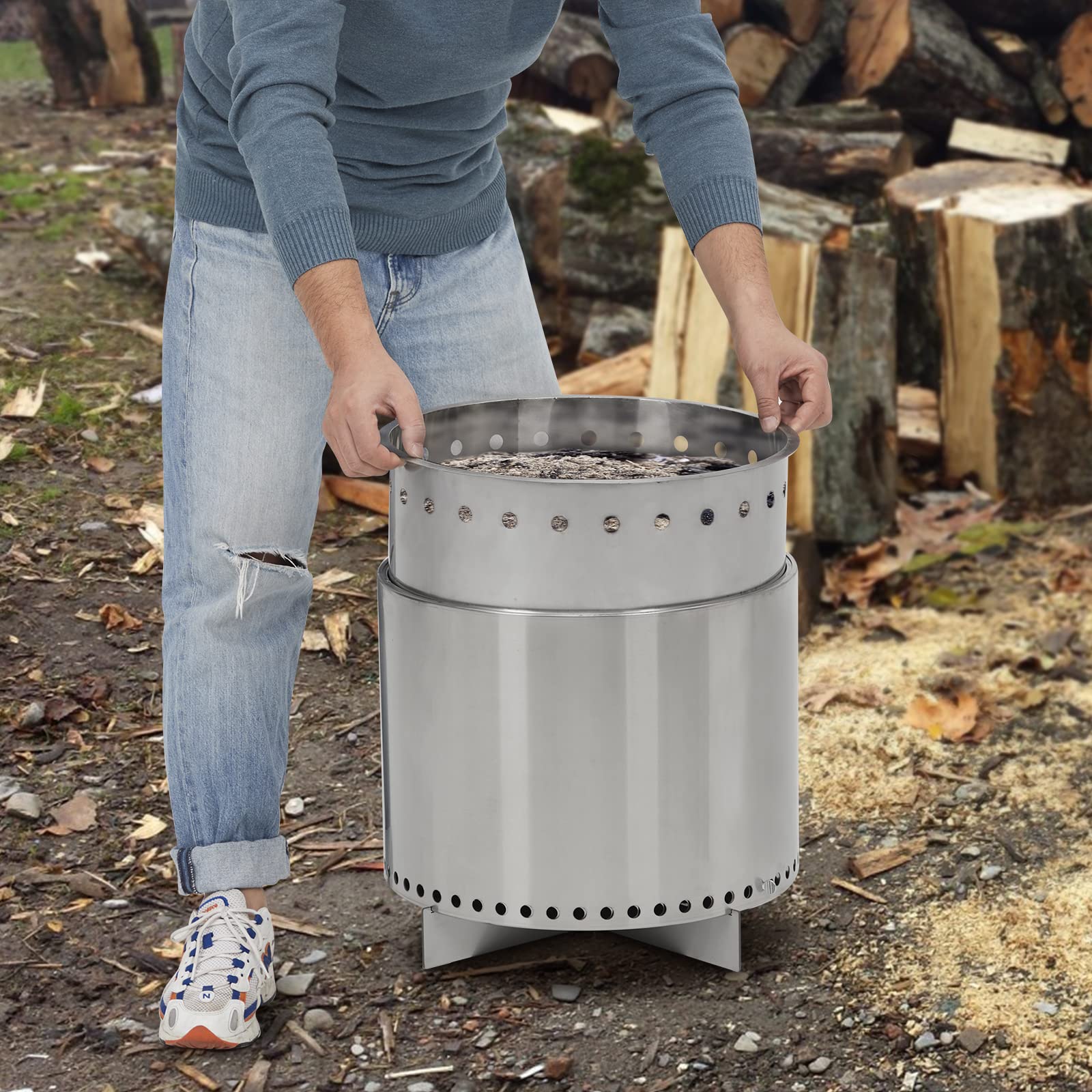 16.5 Inch Smokeless Fire Pit for Outdoor Wood Burning, Portable Stainless Steel Camping Stove with Stand, Unique Removable Ash Pan Design, H: 11.5 in, 13.22 lbs - Ideal for Camping