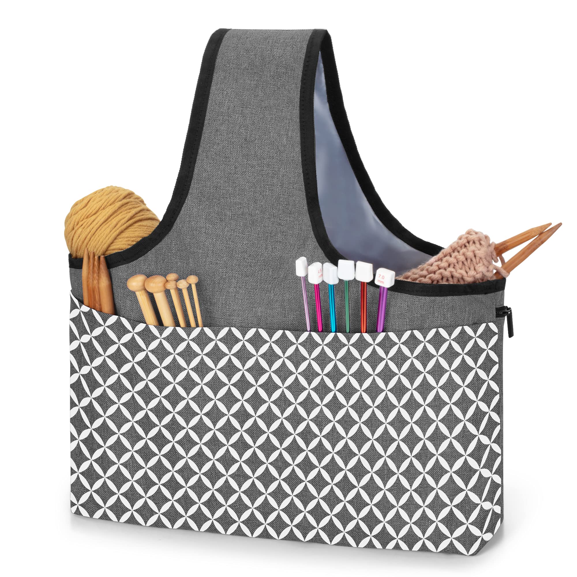 YARWO Yarn Storage Tote, Knitting Project Wrist Bag for Yarn Skeins, Knitting Needles, WIP Projects and Other Knitting Supplies, Gray with Grid (Bag Only)