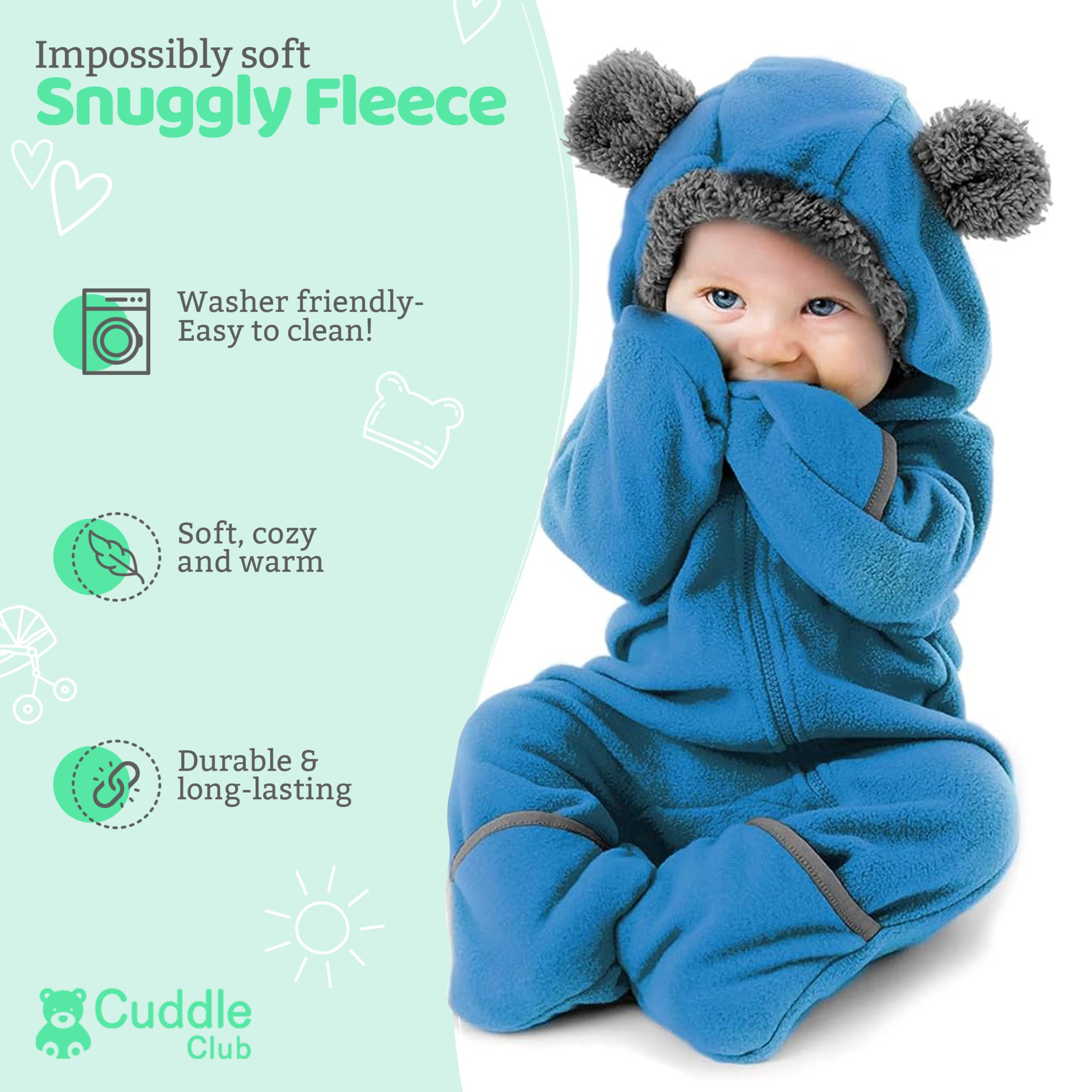 Fleece Baby Bunting Bodysuit β Infant One Piece Kids Hooded Romper Outerwear Toddler Jacket Bear - Blue 12-18 Months