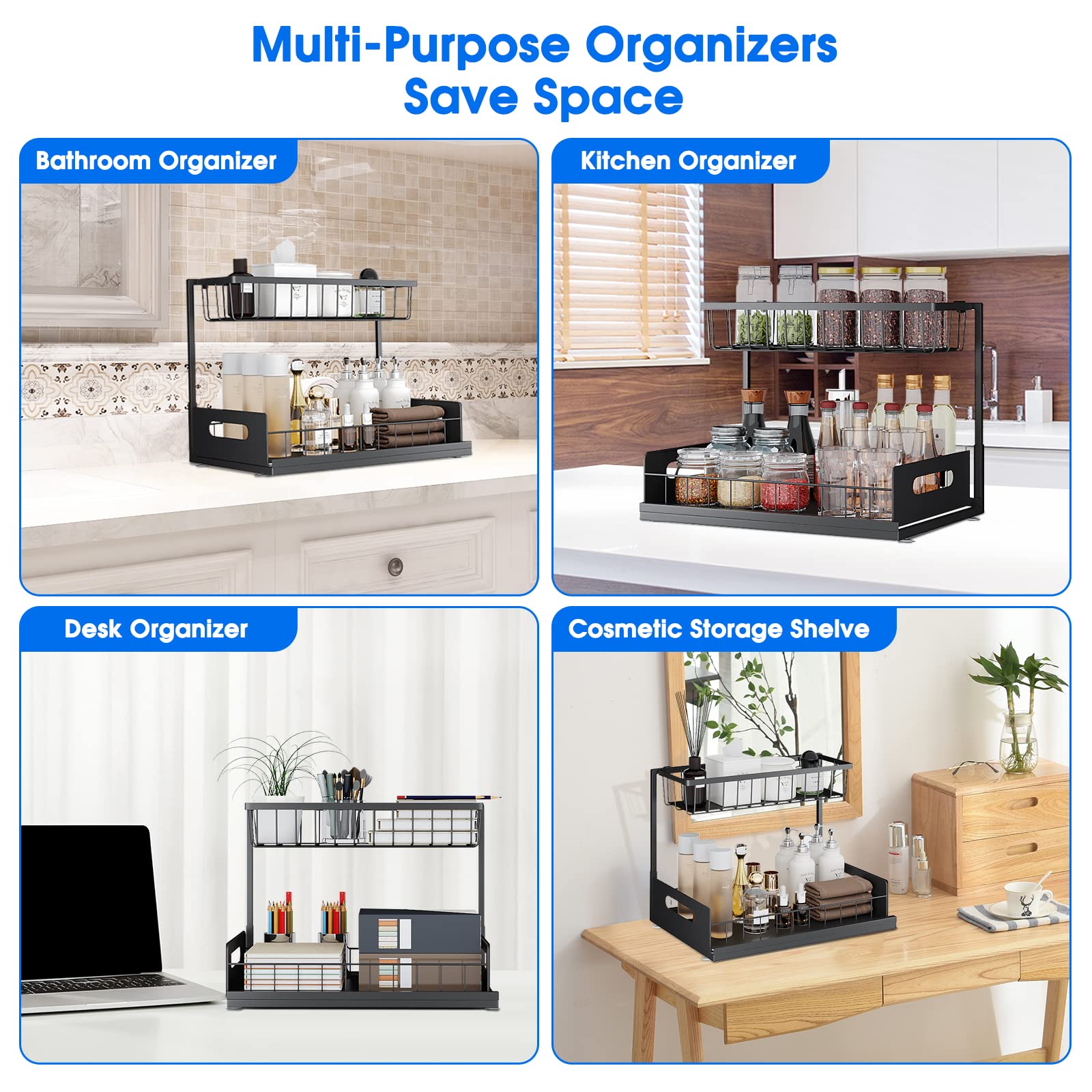 UINOFLE Under Sink Organizers and Storage, 2 Tier Sliding Cabinet Basket Organizer Drawer Pull Out Cabinet Organizer Multi-Purpose Under Sink Organizer for Bathroom Kitchen (Black)