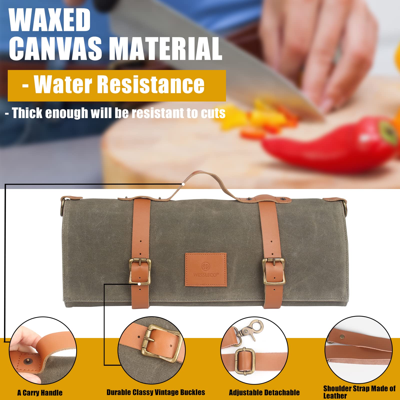 FIREDOG Wessleco Chef Knife Roll Bag (10 Pockets), Waxed Canvas Knife Carrying Case Storage with Handle & Shoulder Strap, Zipper Pouch for Culinary Tools (Knives Not Included)