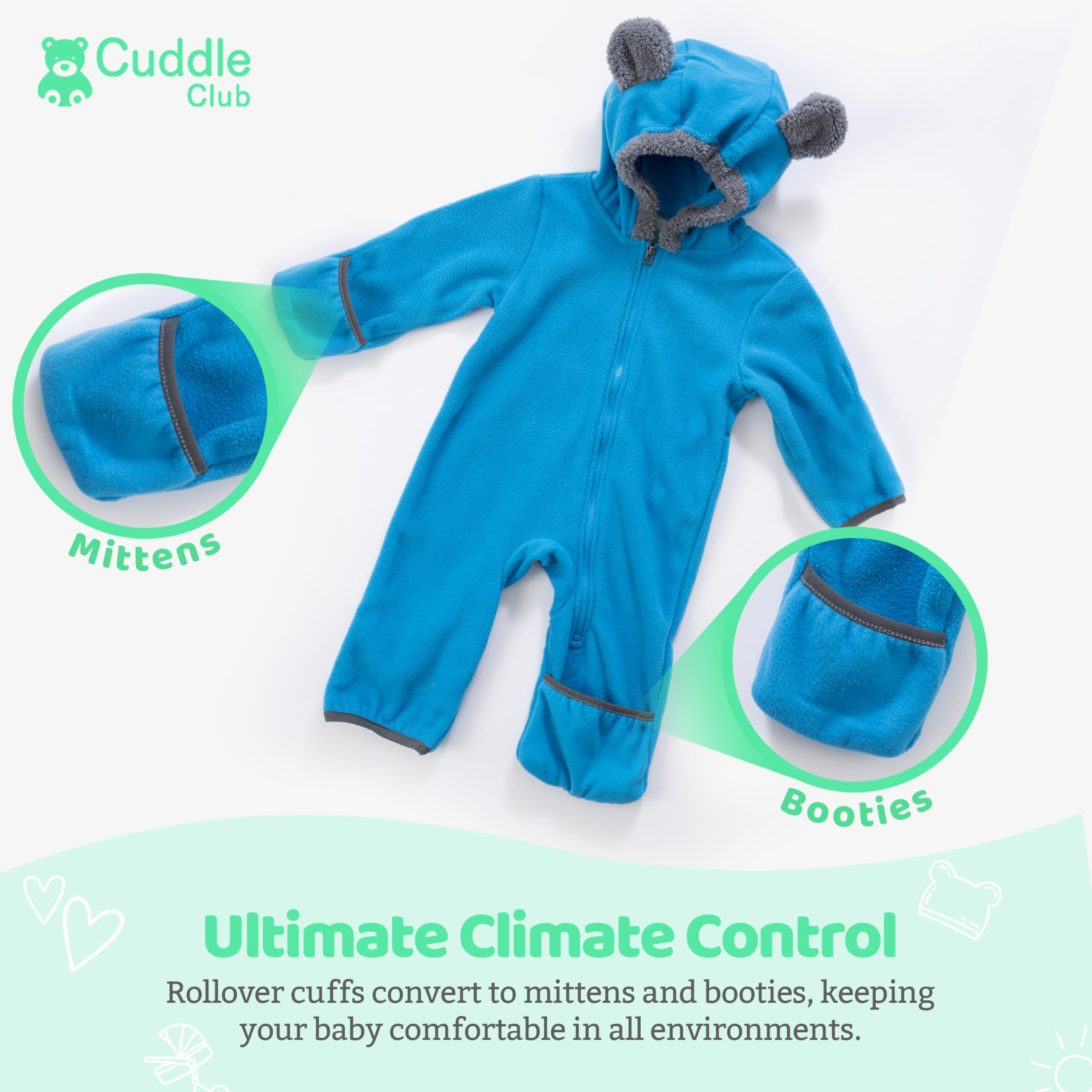 Fleece Baby Bunting Bodysuit β Infant One Piece Kids Hooded Romper Outerwear Toddler Jacket Bear - Blue 12-18 Months