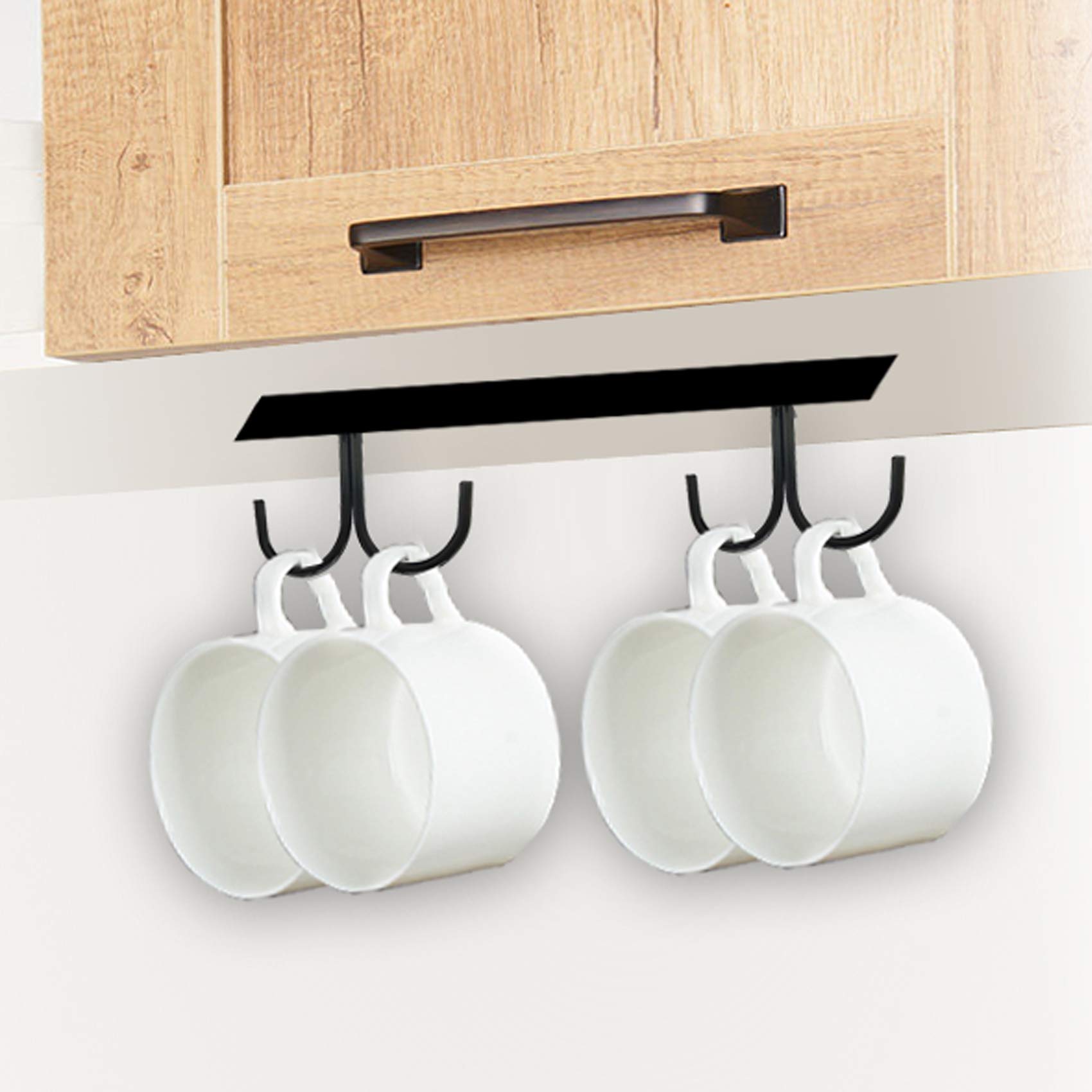 RONYOUNG 4 Sets Mug Holder Rack Under Cabinet Shelf , Mug Rack 16 Hanging Hooks for Mugs, Coffee Cups and Kitchen Utensils Display (4 Set, Black)