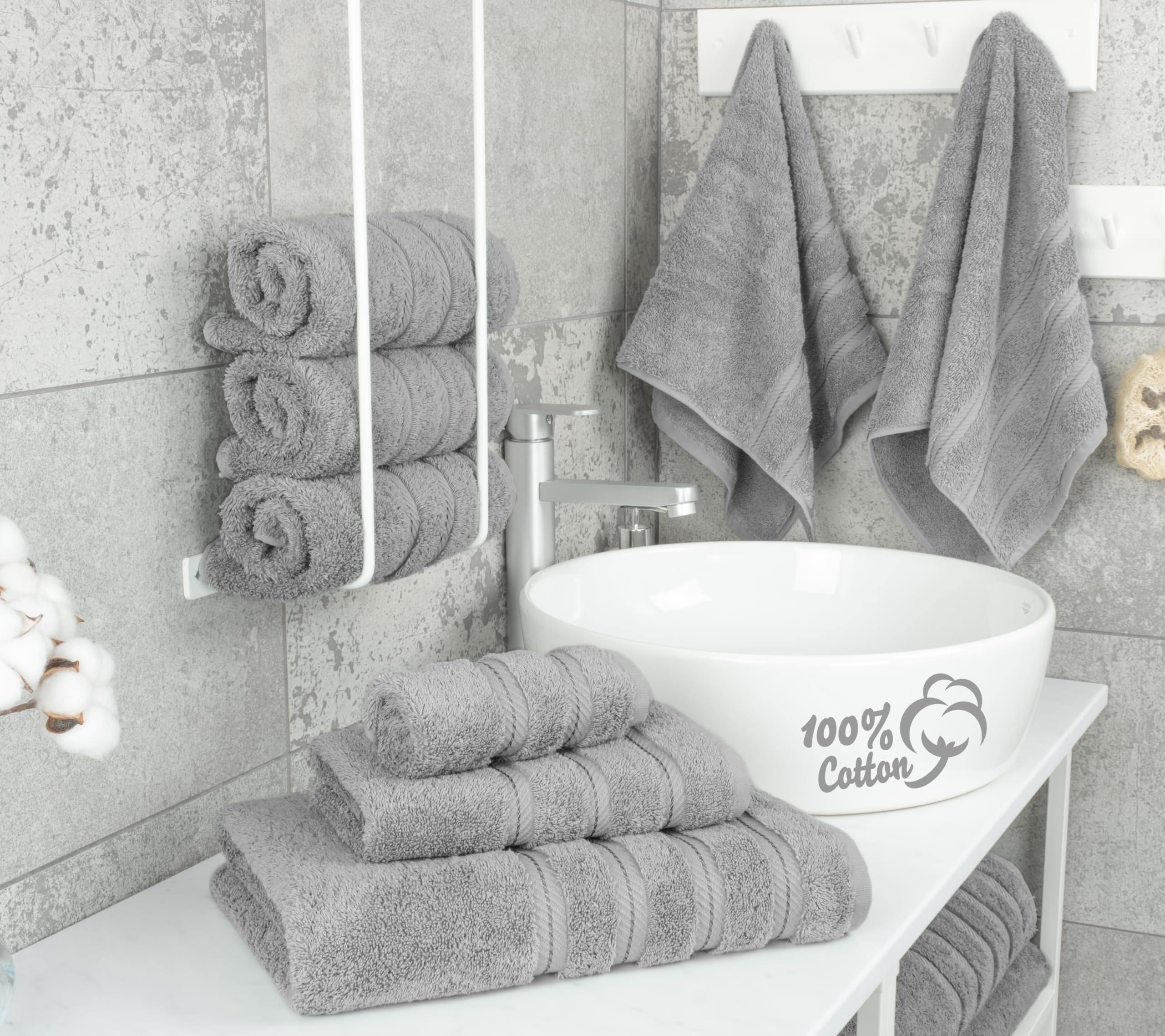 American Soft Linen 6 Piece Towel Set, 2 Bath Towels 2 Hand Towels 2 Washcloths, 100% Turkish Cotton Towels for Bathroom, Light Grey Towel Sets