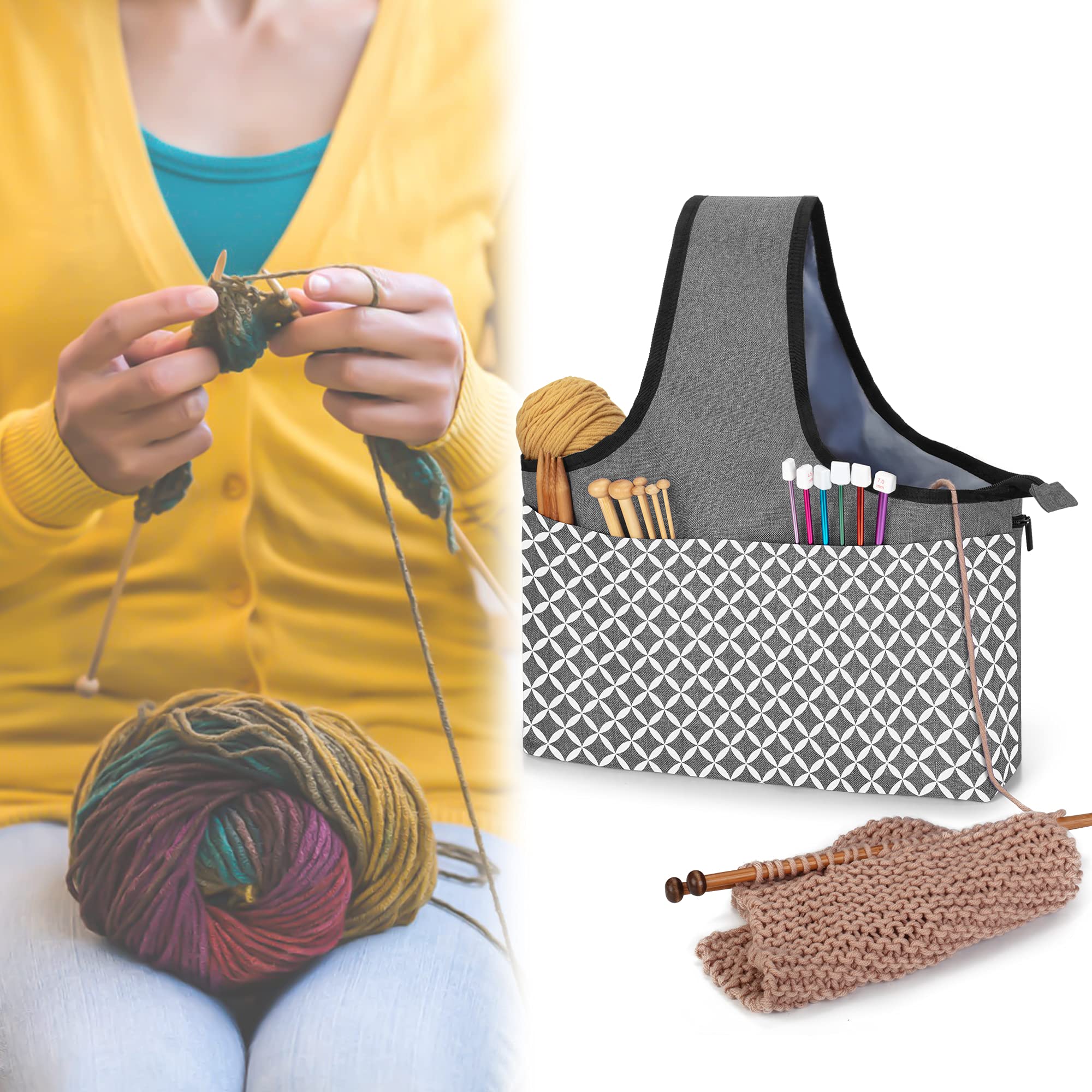 YARWO Yarn Storage Tote, Knitting Project Wrist Bag for Yarn Skeins, Knitting Needles, WIP Projects and Other Knitting Supplies, Gray with Grid (Bag Only)