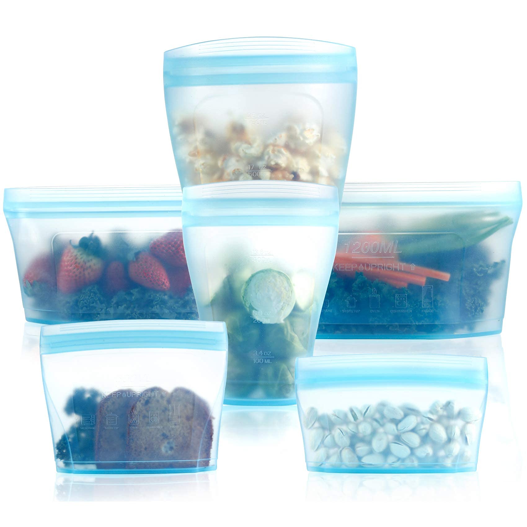 Reusable food container silicone bag, Upgrade second generation 6 Pcs Containers Storage, 100% Silicone Reusable Food Bag, Stand Up Preservation Bag, Rounded interior for easy cleaning.