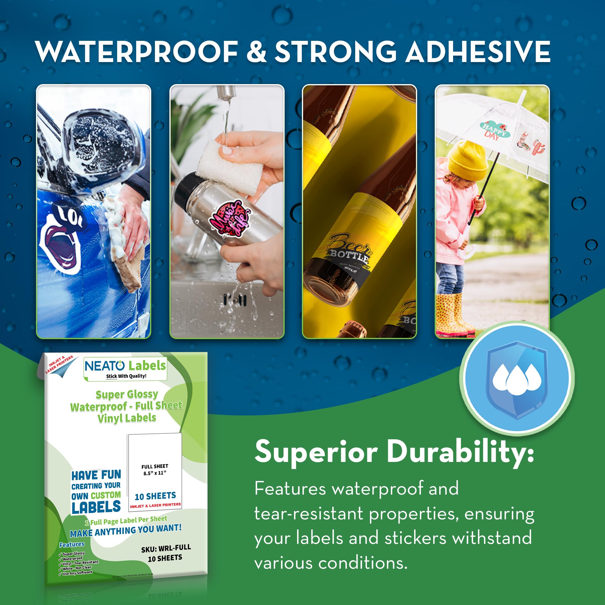 Printable Vinyl Waterproof Sticker Paper for Inkjet and Laser Printer - 10 White Full Sheet Super Glossy Craft Labels - Strong Adhesive - Tear Resistant - Made in The USA - Design Software Included