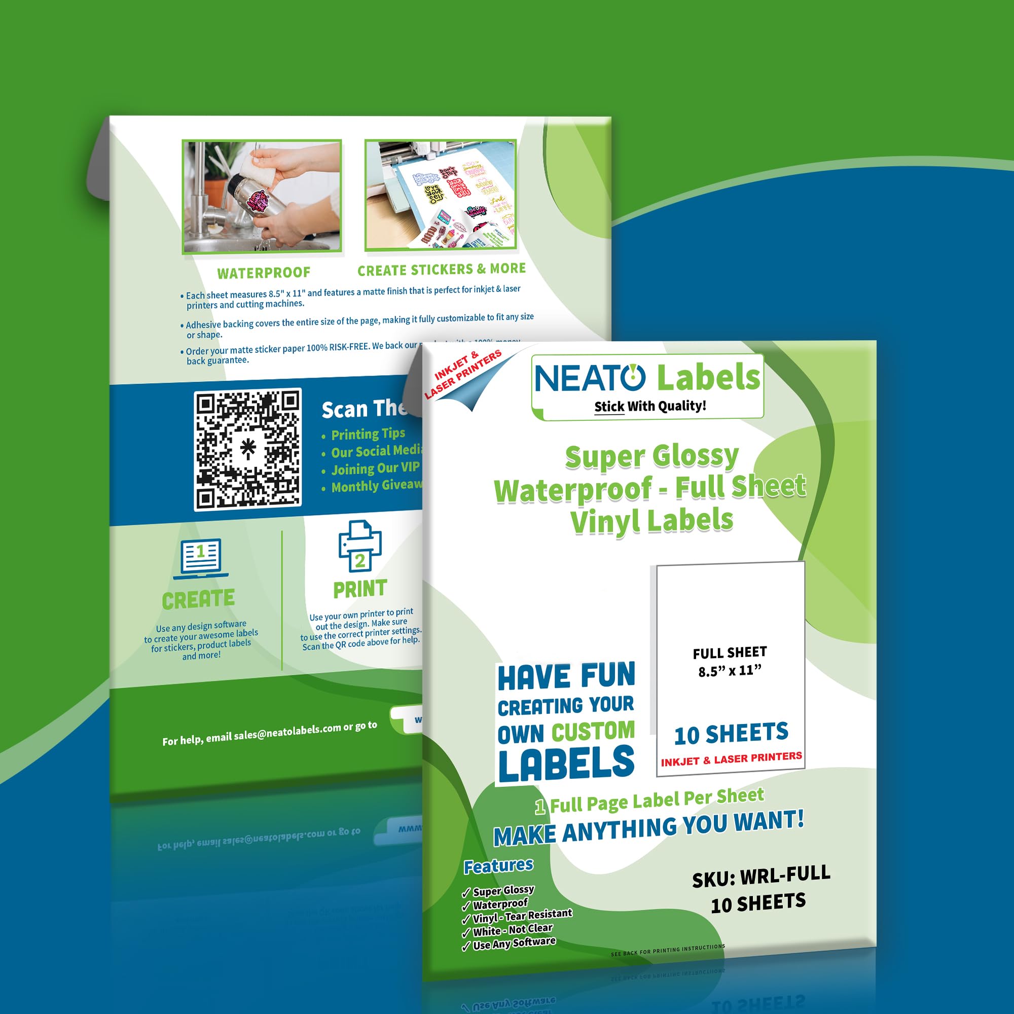 Printable Vinyl Waterproof Sticker Paper for Inkjet and Laser Printer - 10 White Full Sheet Super Glossy Craft Labels - Strong Adhesive - Tear Resistant - Made in The USA - Design Software Included