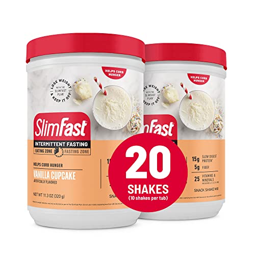 SlimFast Intermittent Fasting, Casein Protein Powder, Biotin with Vitamin & Mineral Bend, with Fiber, No Added Sugar, Snack Shake Mix- Vanilla Cupcake, 10 Servings (Pack of 2)