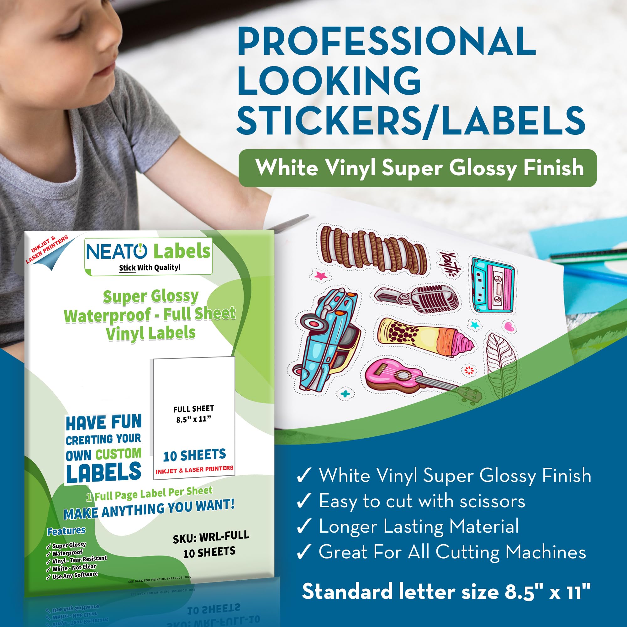 Printable Vinyl Waterproof Sticker Paper for Inkjet and Laser Printer - 10 White Full Sheet Super Glossy Craft Labels - Strong Adhesive - Tear Resistant - Made in The USA - Design Software Included