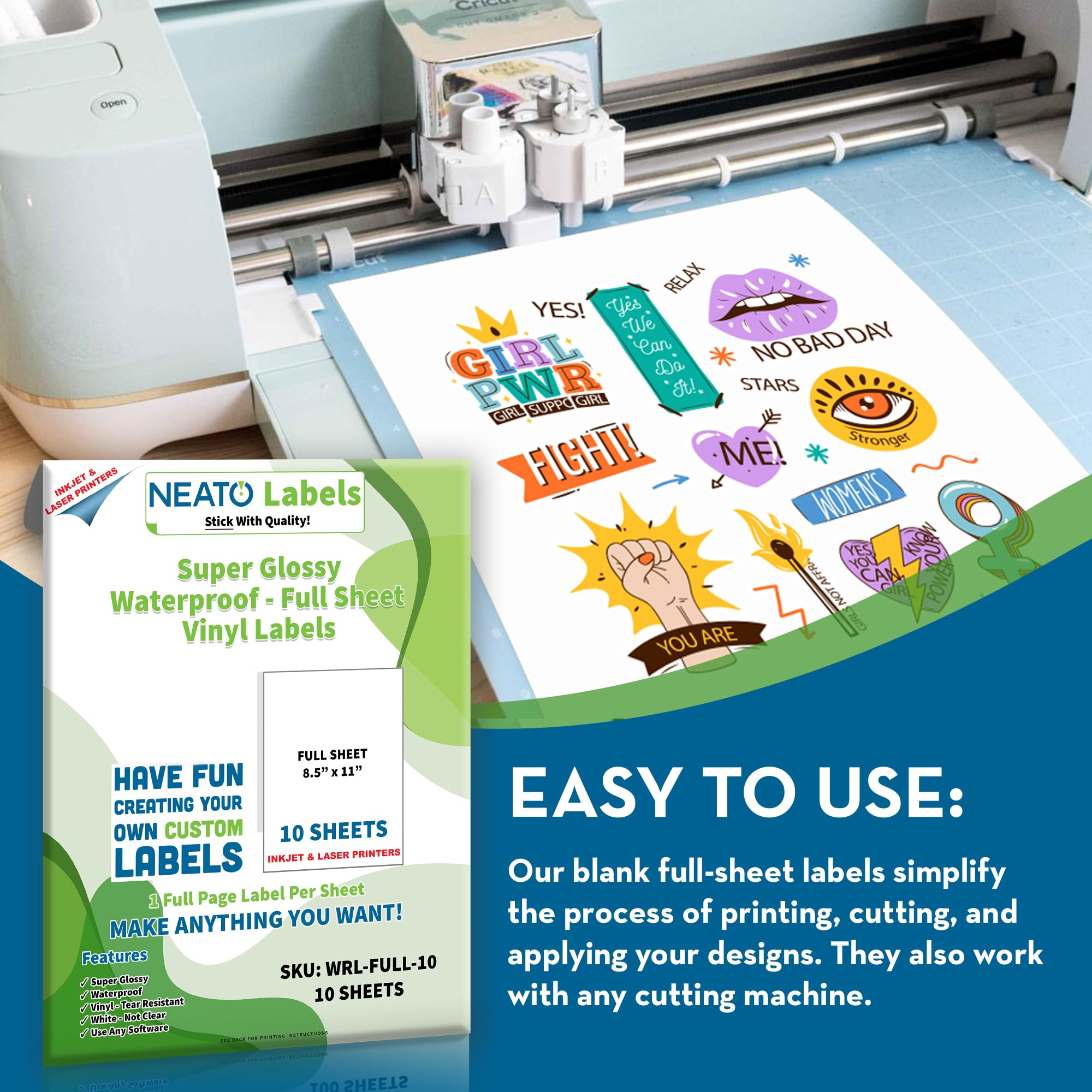 Printable Vinyl Waterproof Sticker Paper for Inkjet and Laser Printer - 10 White Full Sheet Super Glossy Craft Labels - Strong Adhesive - Tear Resistant - Made in The USA - Design Software Included