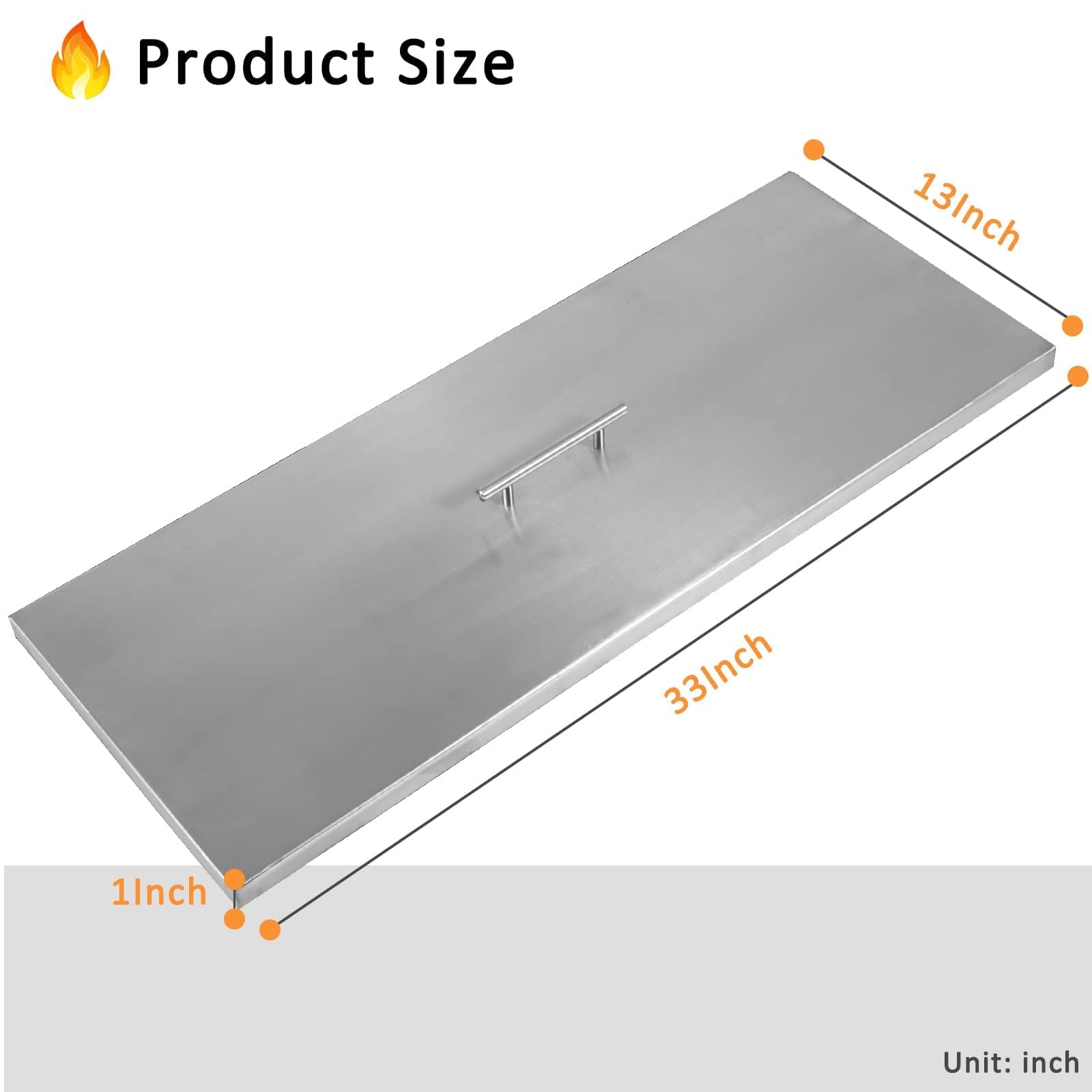 Marada Square Metal Fire Pit Cover Lid 33" x 13" x 1" Fire Pit Cover Rectangular Heat Resistant Stainless Steel Lid 1.5 mm Thick for Burner Pan