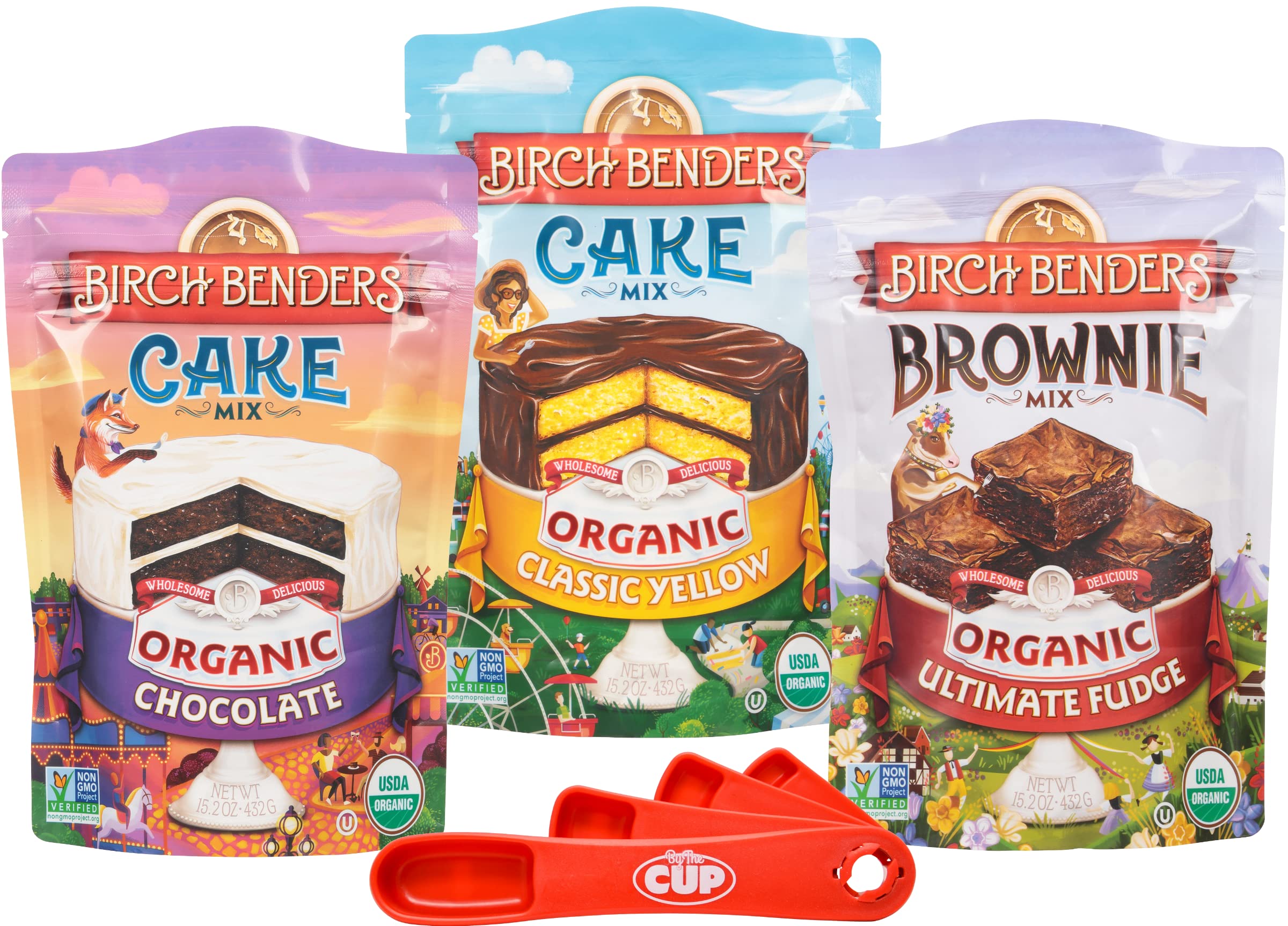 Birch Benders Organic Baking Mix Variety: Chocolate Cake, Yellow Cake, and Brownie Mix, Non-GMO, Kosher (Pack of 3) with By The Cup Swivel Spoons