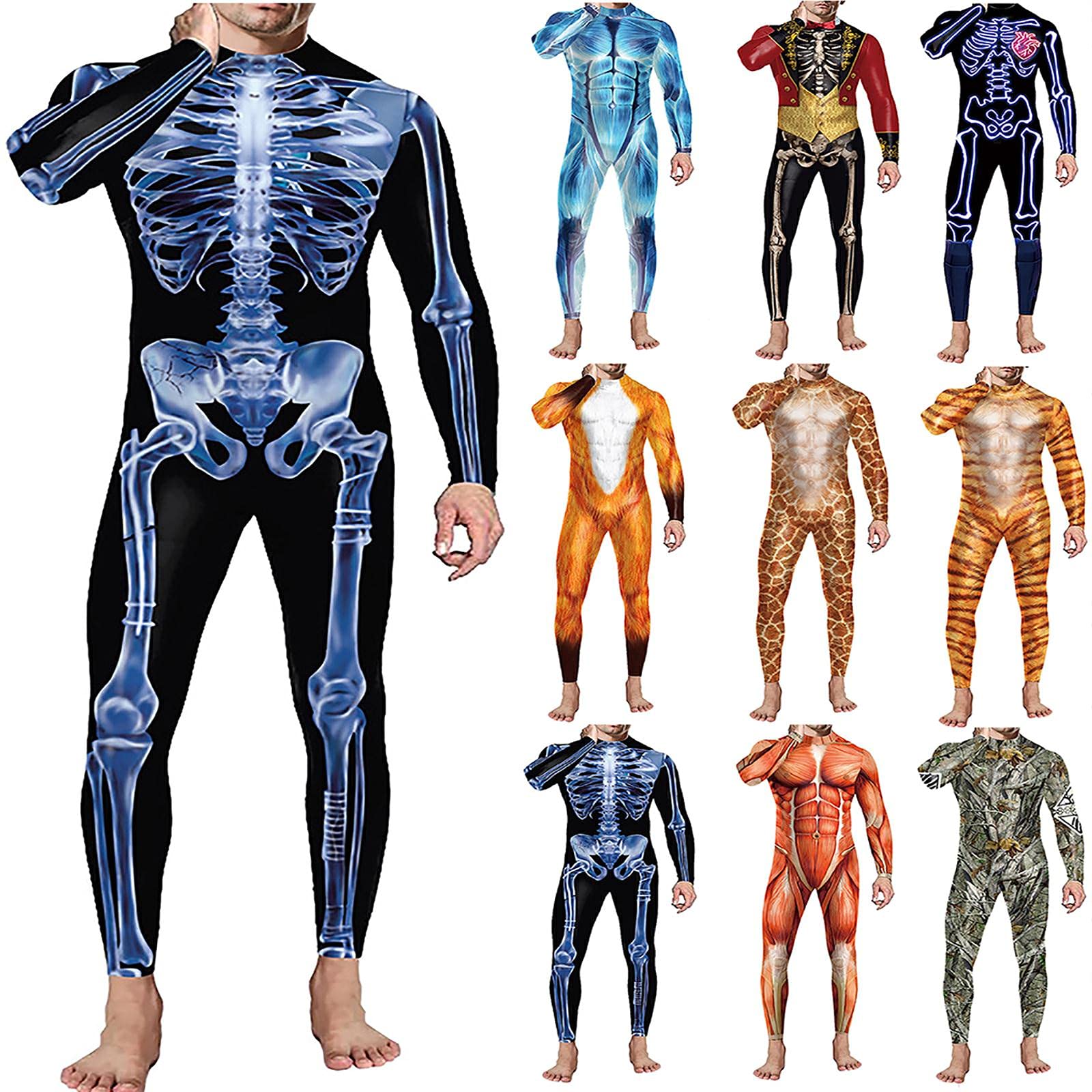 JOAU Men's muscle Body Suit Tight Halloween 3D Digital Printing Adult One-piece Halloween Party