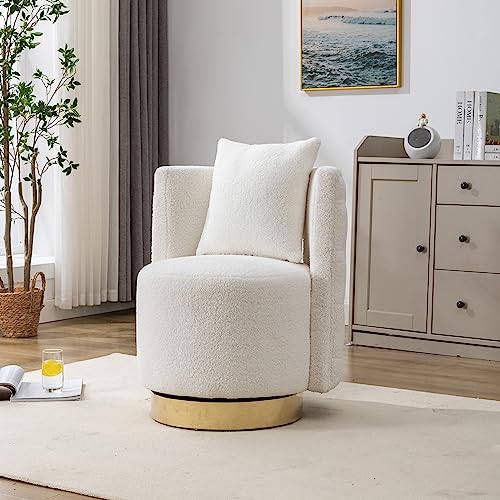 Velvet Vanity Barrel Chair, Modern Curved Tufted Back Office Chair with Gold Metal Base, Upholstered Makeup Stool with Throw Pillow for Living Room, Bedroom, Hotel Accent Leisure Chair (White)
