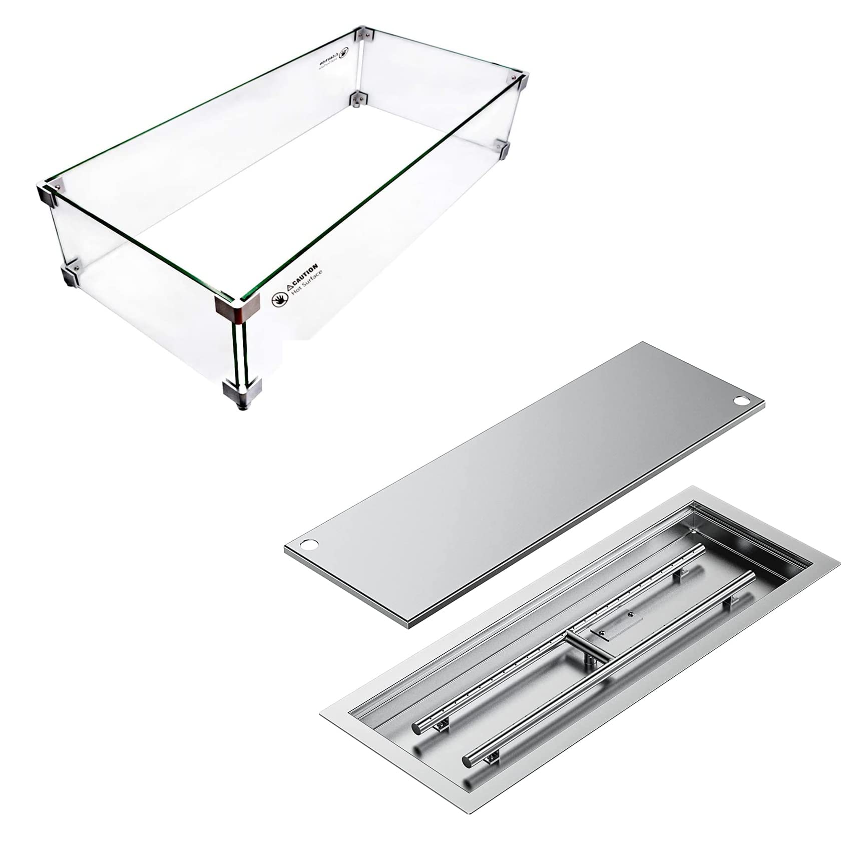 Skyflame 24 by 8 Inch Rectangular Stainless Steel Drop-in Fire Pit Pan and Burner with Burner Cove, Include Fire Pit Glass Wind Guard