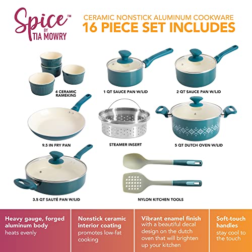 Spice by Tia Mowry Savory Saffron 16-Piece Healthy Nonstick Ceramic Cookware Set - Teal