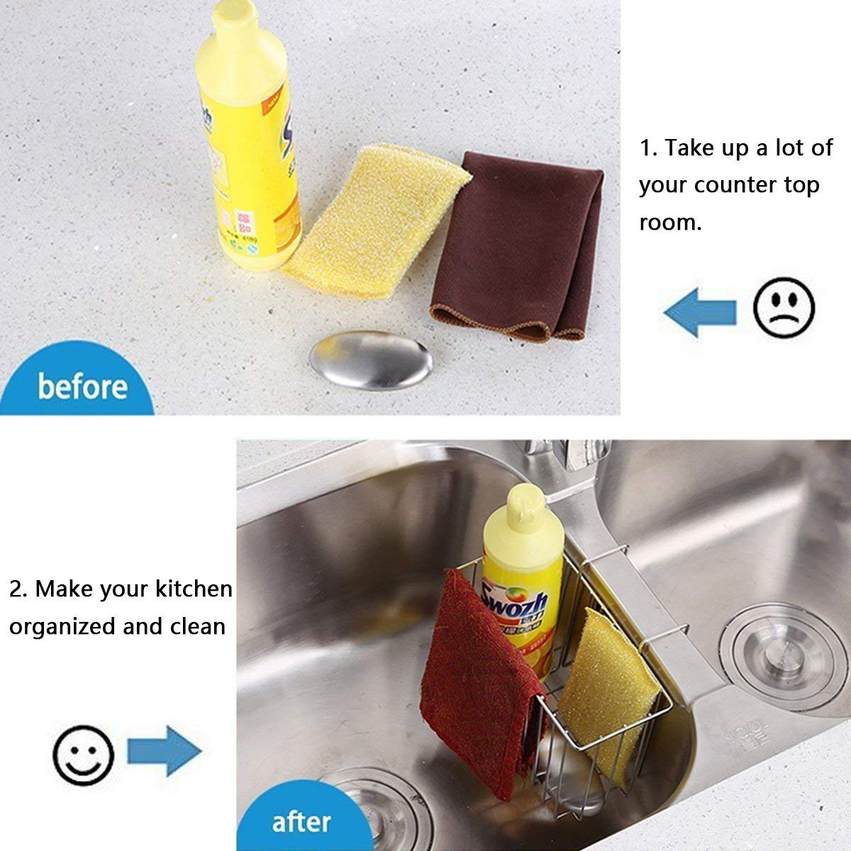 Sink Caddy Sponge Holder, Kitchen Sink Organizer Stainless Steel Sponge Caddy Holder, Dishwashing Liquid Drainer Sponge and Soap Holder for Kitchen Sink