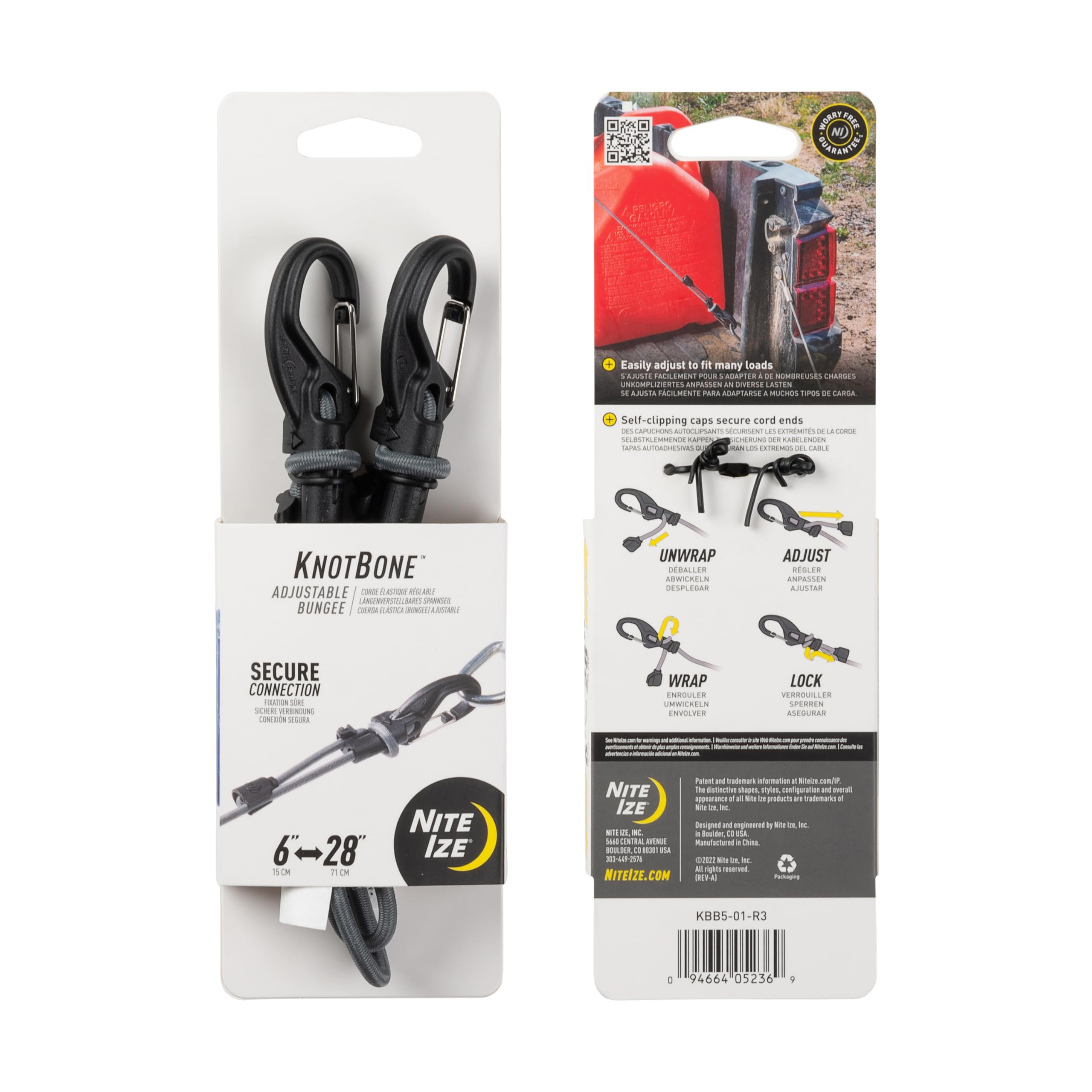 Nite IZE KnotBone Adjustable Bungee - Cord with Carabiner Clip Ends & Adjustable Length - 5mm Cord - Length of 6" to 28" - Size 5
