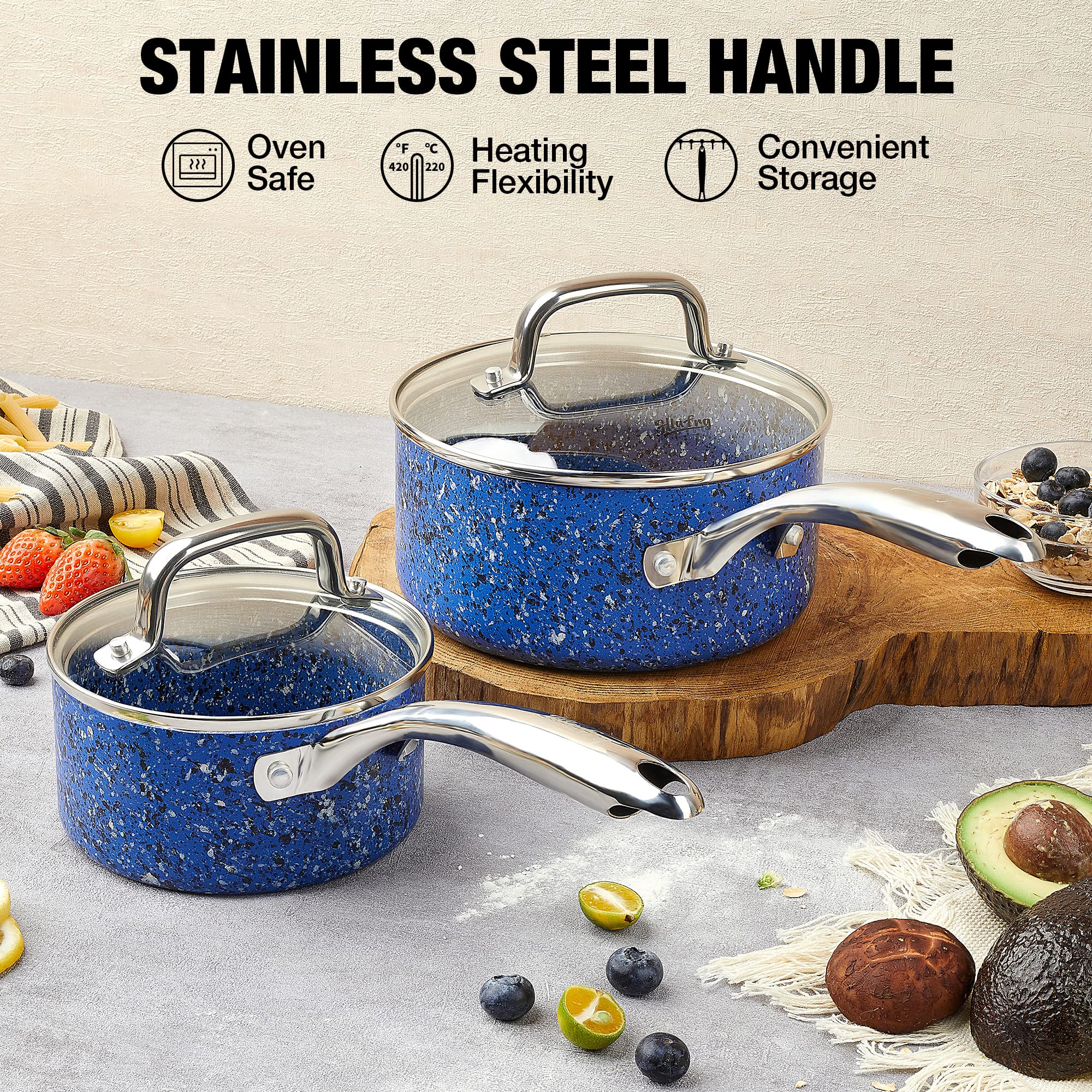HLAFRG Nonstick Premium 3-Piece Saucepan Set with Glass Lids, Natural Durable Granite Coating, Nonstick, Durable & Oven Safe to 450°F, 1&2&3QT, Blue