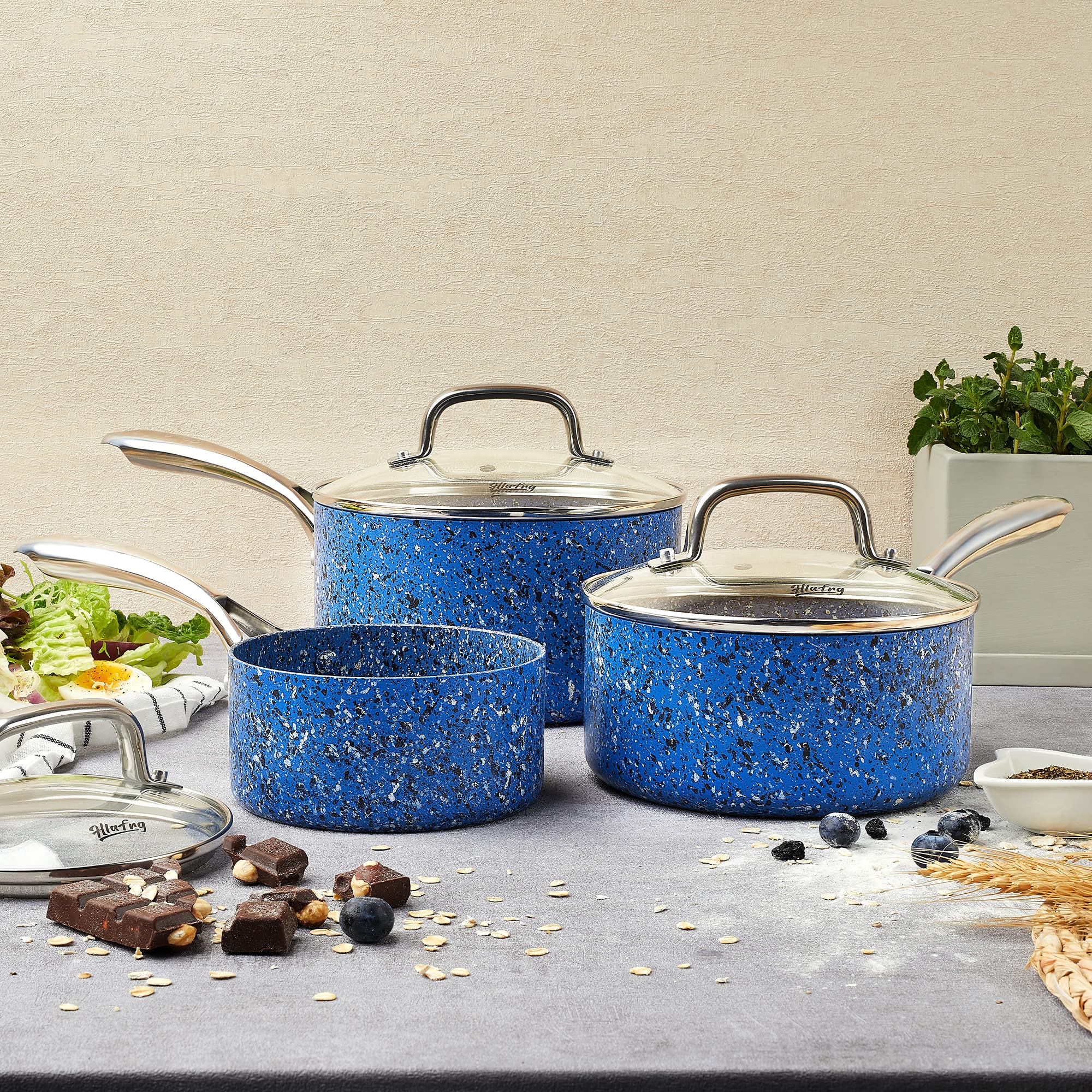 HLAFRG Nonstick Premium 3-Piece Saucepan Set with Glass Lids, Natural Durable Granite Coating, Nonstick, Durable & Oven Safe to 450°F, 1&2&3QT, Blue