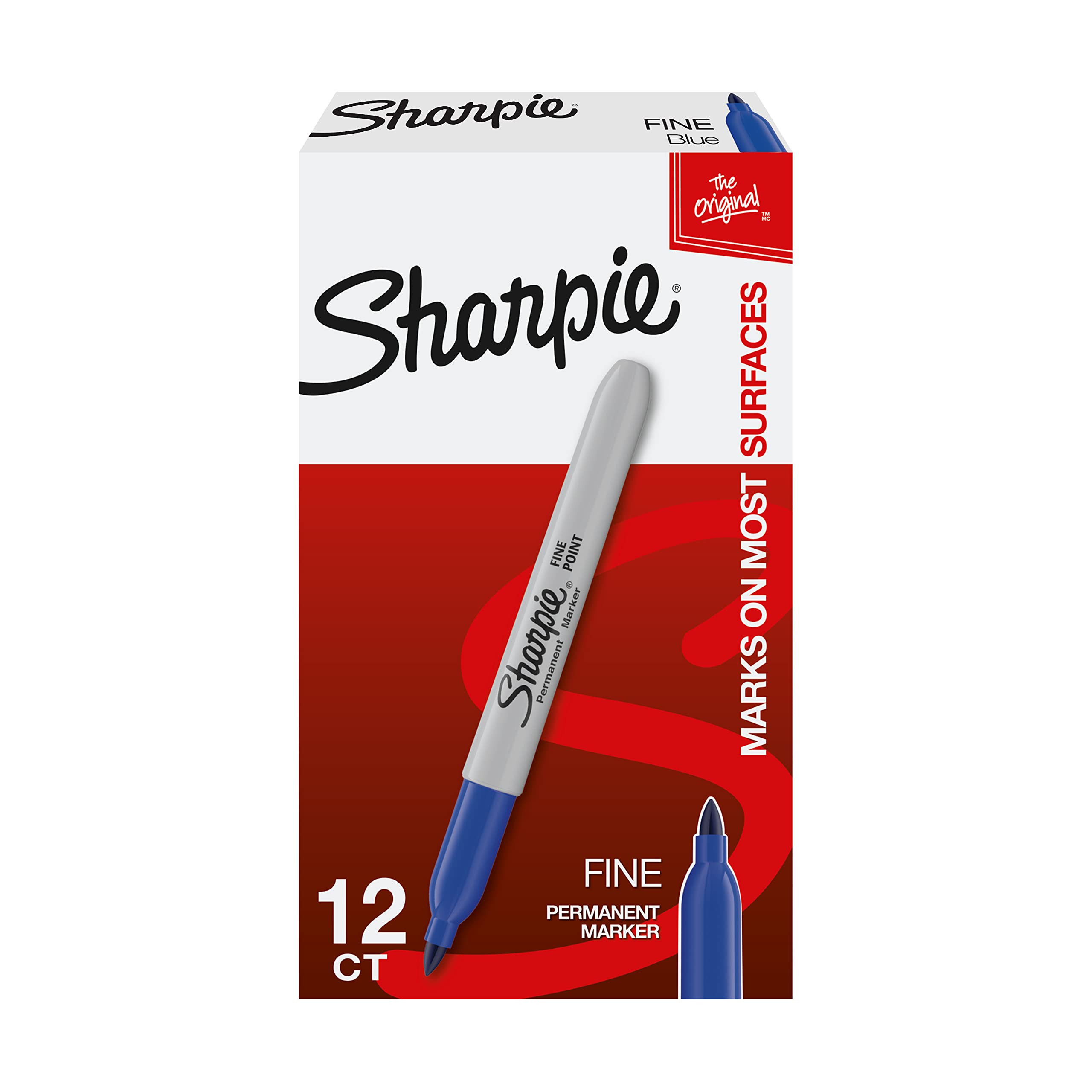 Fine Point Permanent Marker, BLUE, Durable Ink is Fade-Resistant and Water-Resistant - BLUE - 12 Pens Per Box - 1 Box