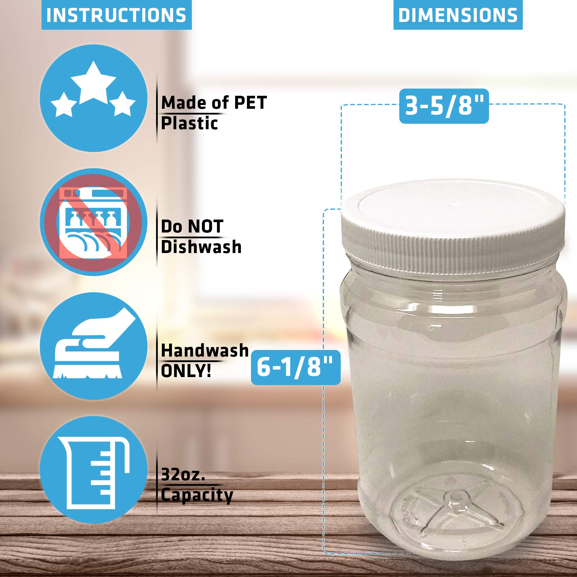 CSBD 32 Oz Clear Plastic Mason Jars With Ribbed Liner Screw On Lids, Wide Mouth, ECO, BPA Free, PET Plastic, Made In USA, Bulk Storage Containers, 4 Pack (32 Ounces)