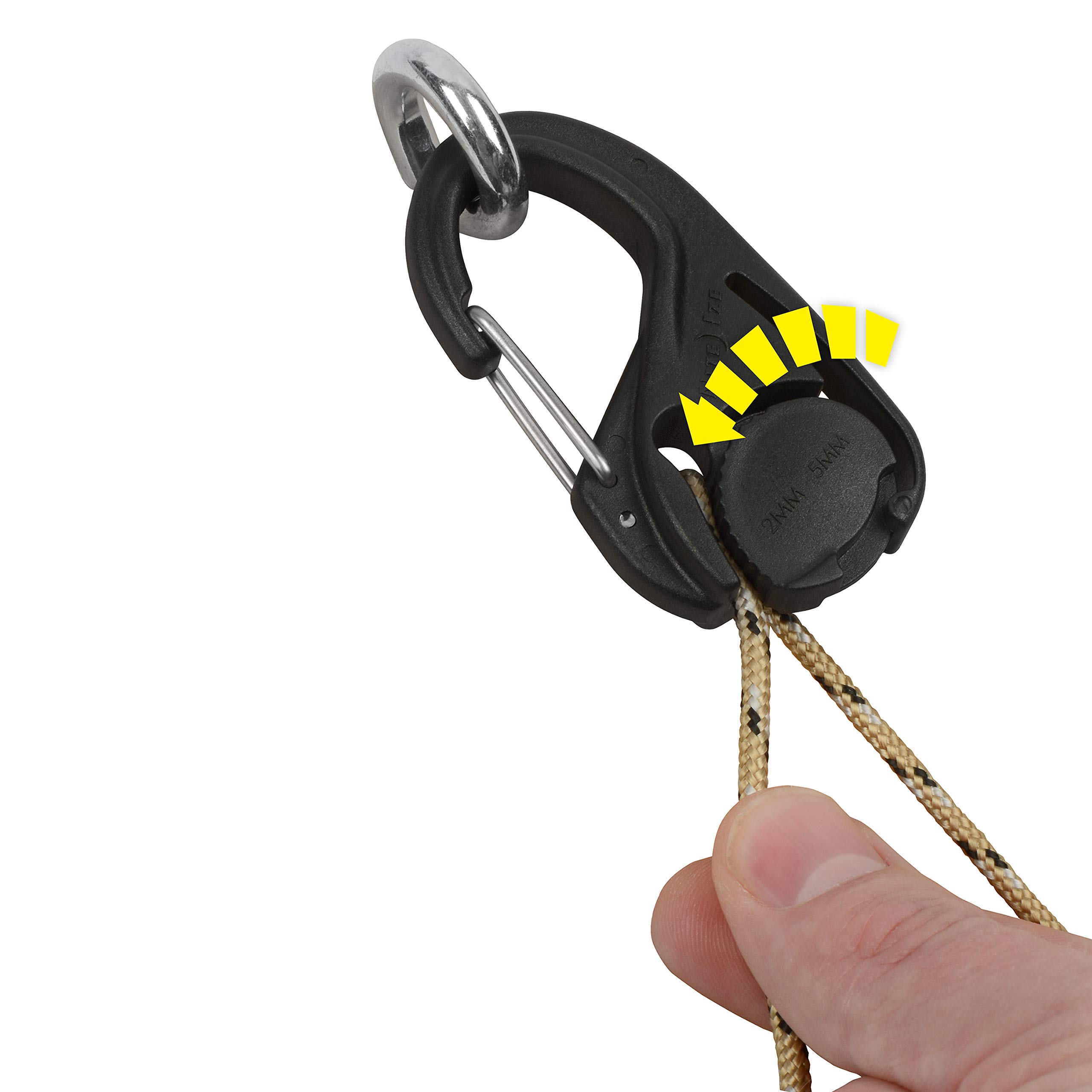 Nite Ize CamJam Cord Tightener - Tie Down Cam Mechanism with Carabiner Clip - Plastic Carabiner & Stainless Steel Lock - Utility Rope & Cord Tightener - Camping Accessory - Black