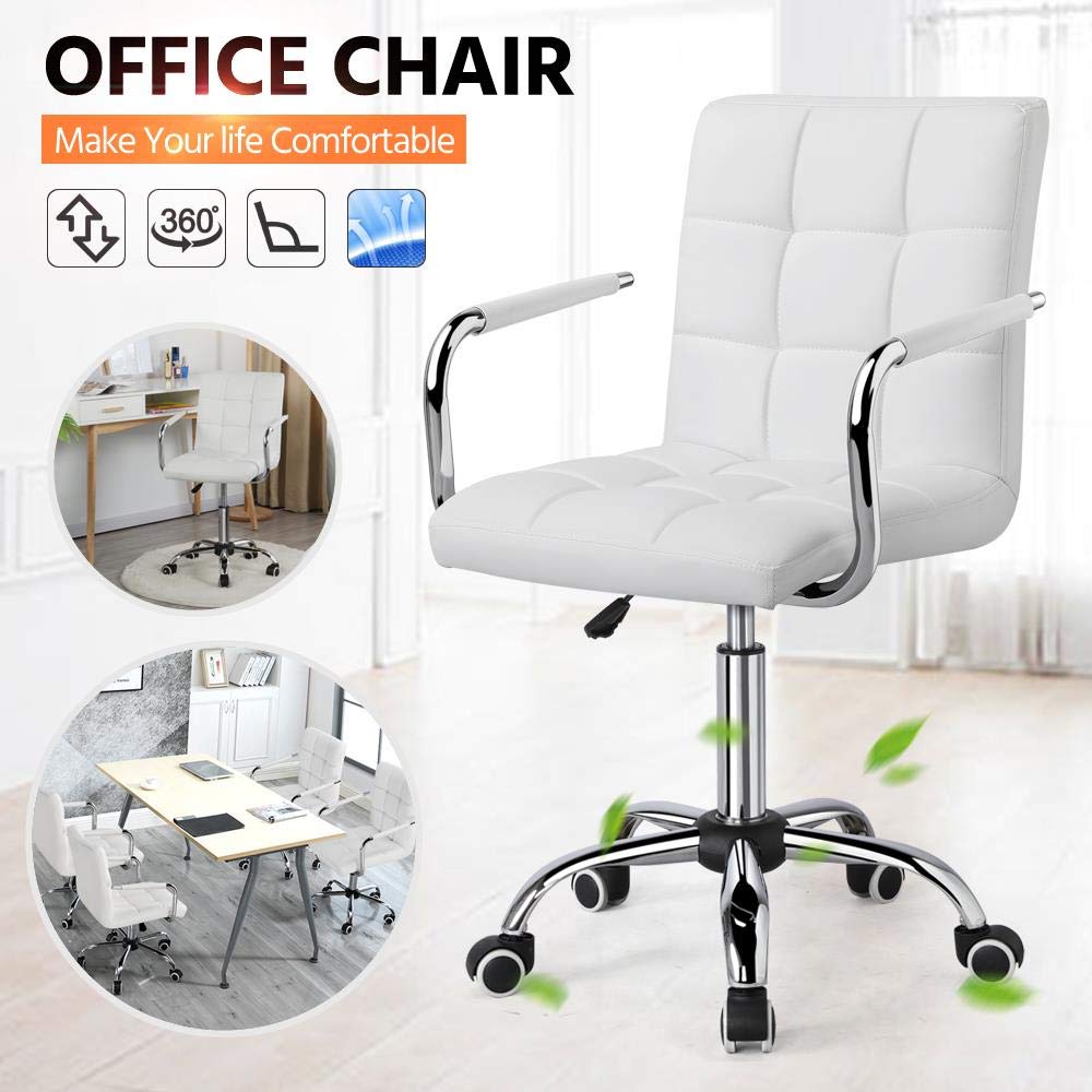 Yaheetech Adjustable Swivel Chair Faux Leather Computer Office Desk Chair Gas Lift Chrome Base On Wheels White