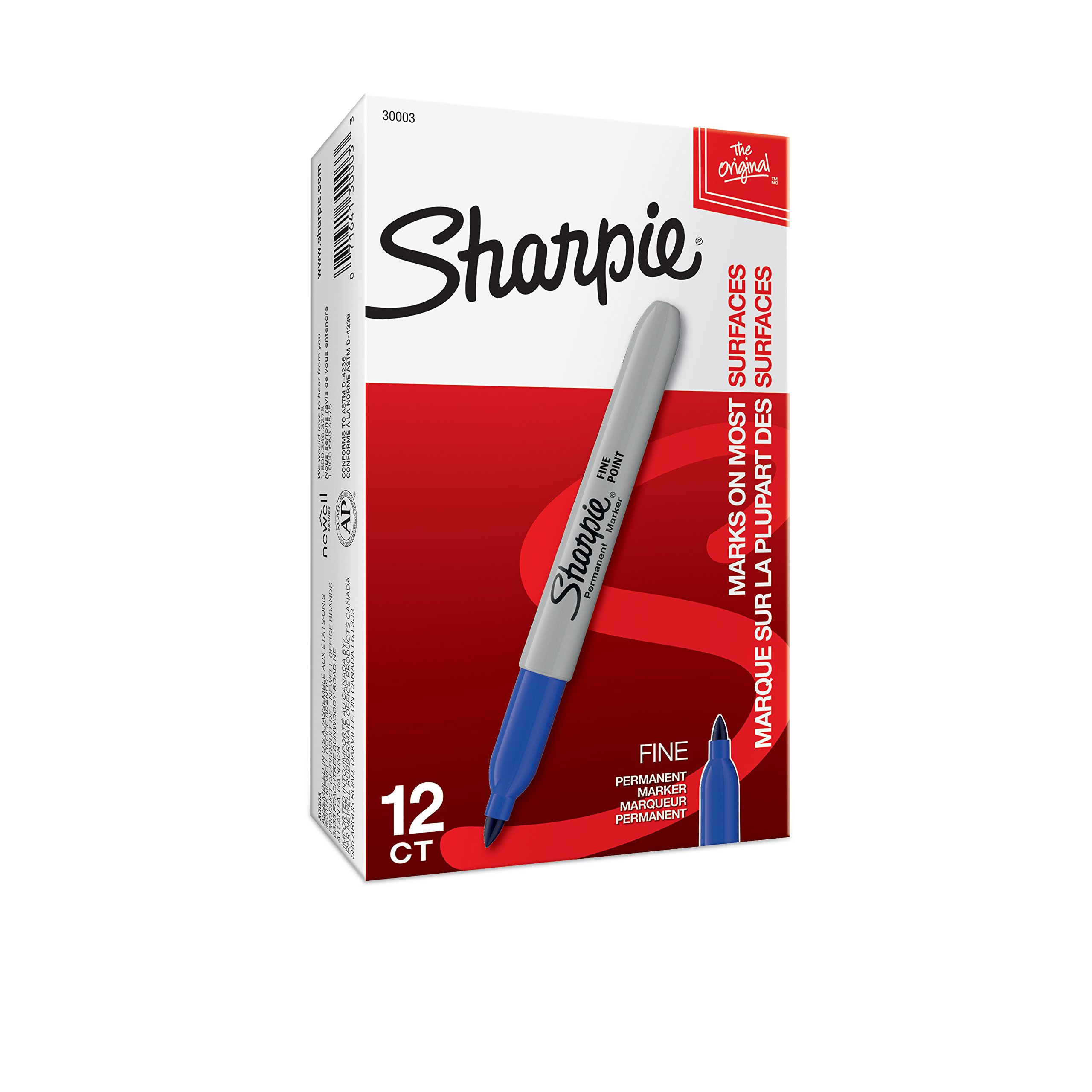 Fine Point Permanent Marker, BLUE, Durable Ink is Fade-Resistant and Water-Resistant - BLUE - 12 Pens Per Box - 1 Box