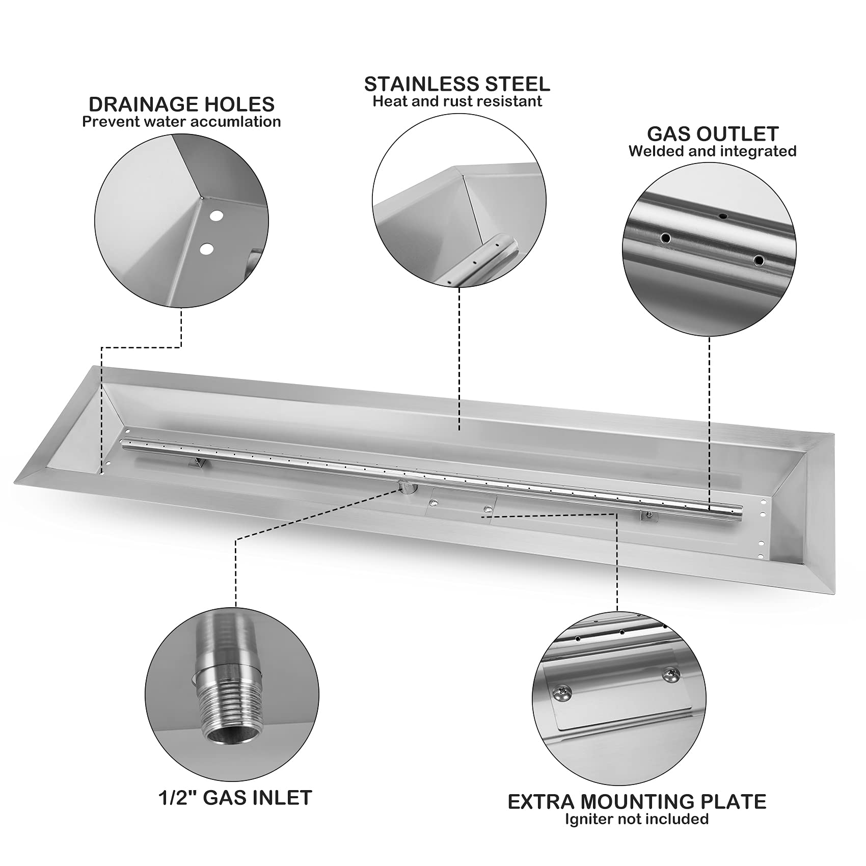 Stanbroil 36 x 6 Inch Linear Drop-in Natural Gas Fire Pit Pan Burner with Spark Ignition Kit, 304 Stainless Steel Natural Gas Fire Pit Insert for Outside, Rated up to 65,000 BTU’S