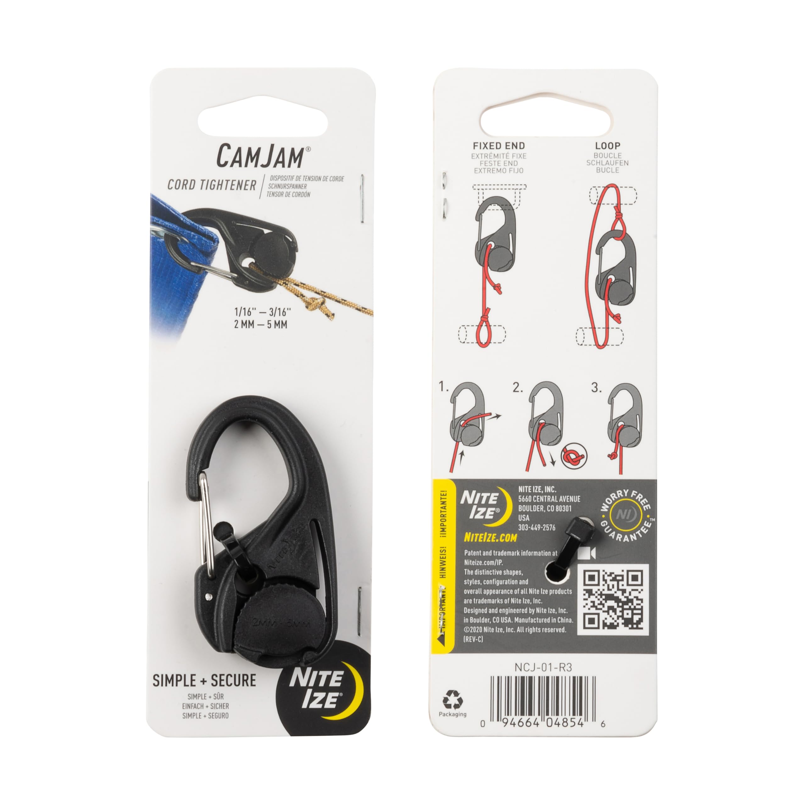 Nite Ize CamJam Cord Tightener - Tie Down Cam Mechanism with Carabiner Clip - Plastic Carabiner & Stainless Steel Lock - Utility Rope & Cord Tightener - Camping Accessory - Black