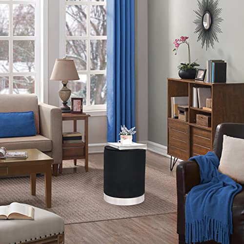 Adeco Round Upholstered Velvet Ottoman with Silver Metal Base, Makeup Vanity Chair Soft Compact Padded Foot Rest Stool for Living Room Bedroom, Black