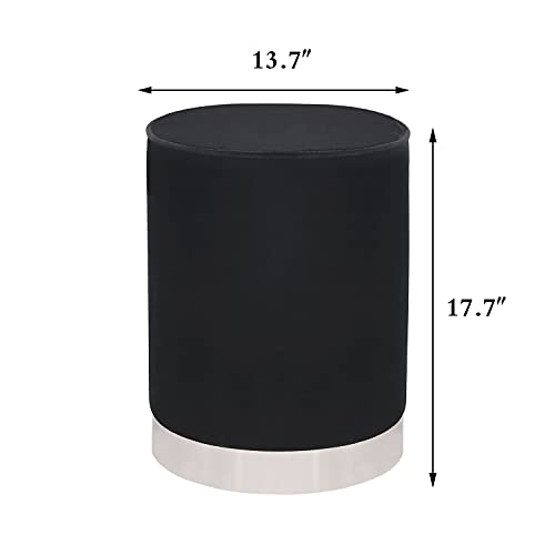 Adeco Round Upholstered Velvet Ottoman with Silver Metal Base, Makeup Vanity Chair Soft Compact Padded Foot Rest Stool for Living Room Bedroom, Black