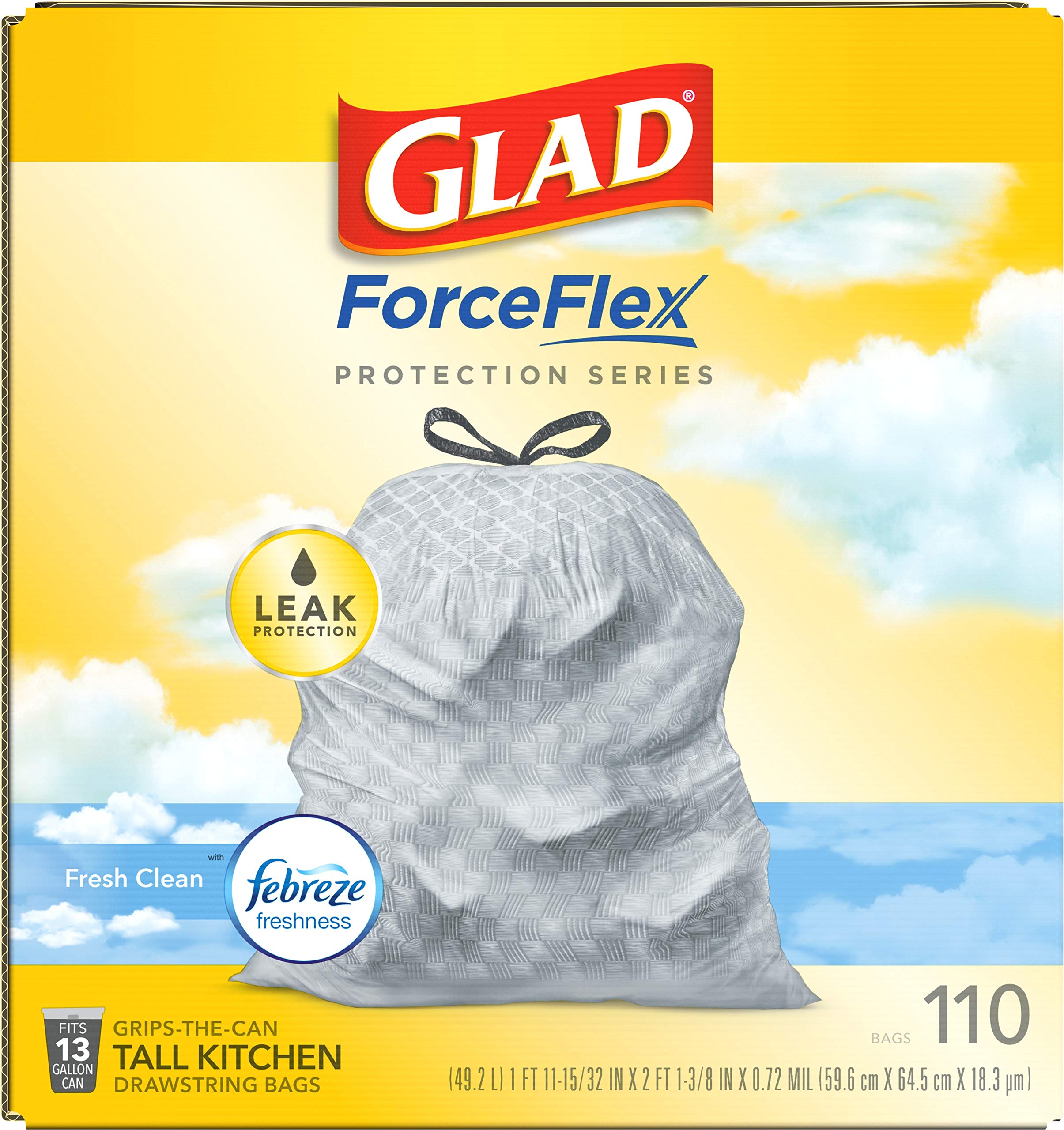 GLAD ForceFlex Tall Kitchen Drawstring Trash Bags, 13 Gallon Grey Trash Bag for Kitchen, Fresh Clean with Febreze Freshness and Leak Protection, 110 Count