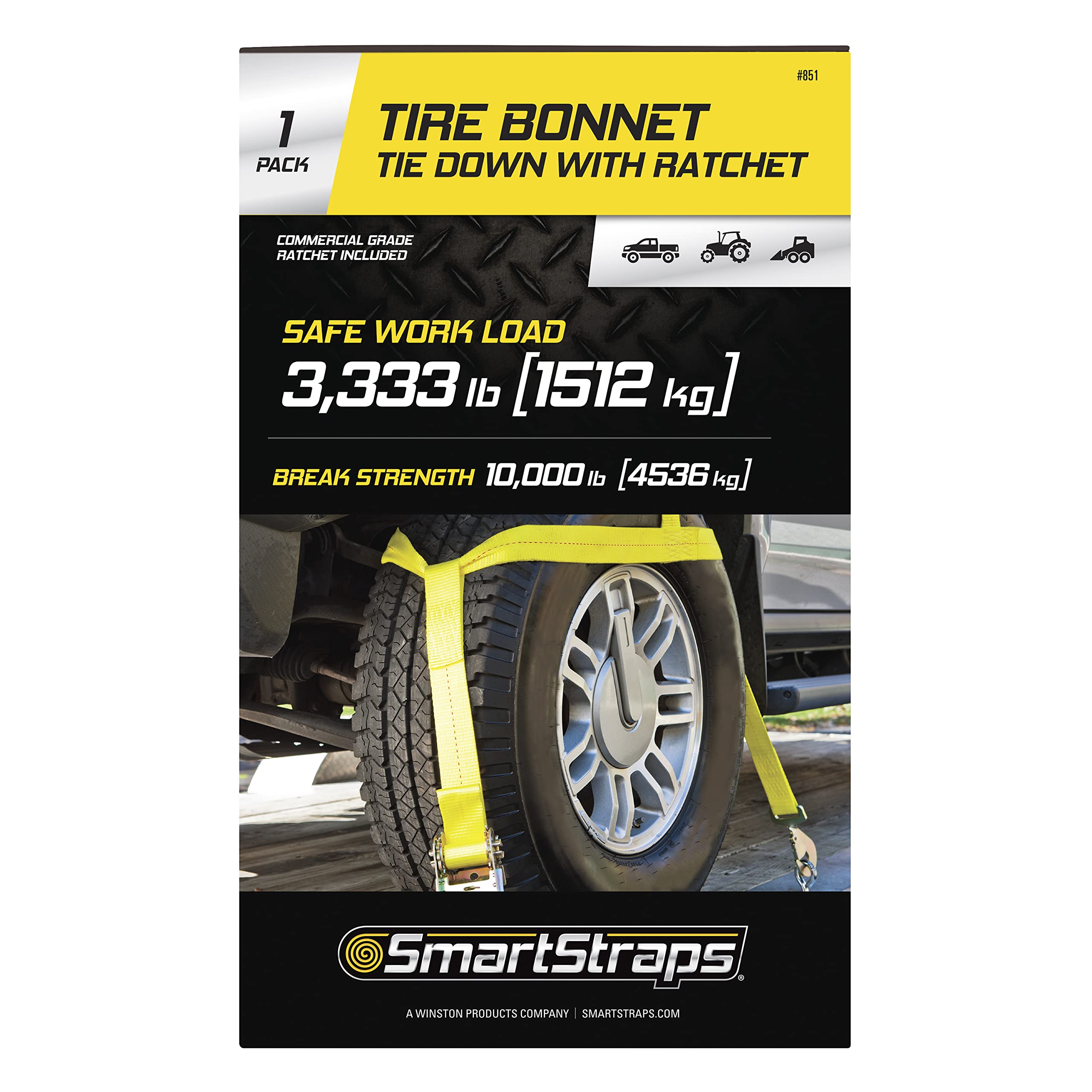 SmartStraps Tire Bonnet Ratchet Straps, 1 Pack β Commercial Duty Tire Bonnet Tie Down with Ratchet β 10,000lb Break Strength, 3,333lb Safe Work Load β Haul Equipment, Tractors and Vehicles