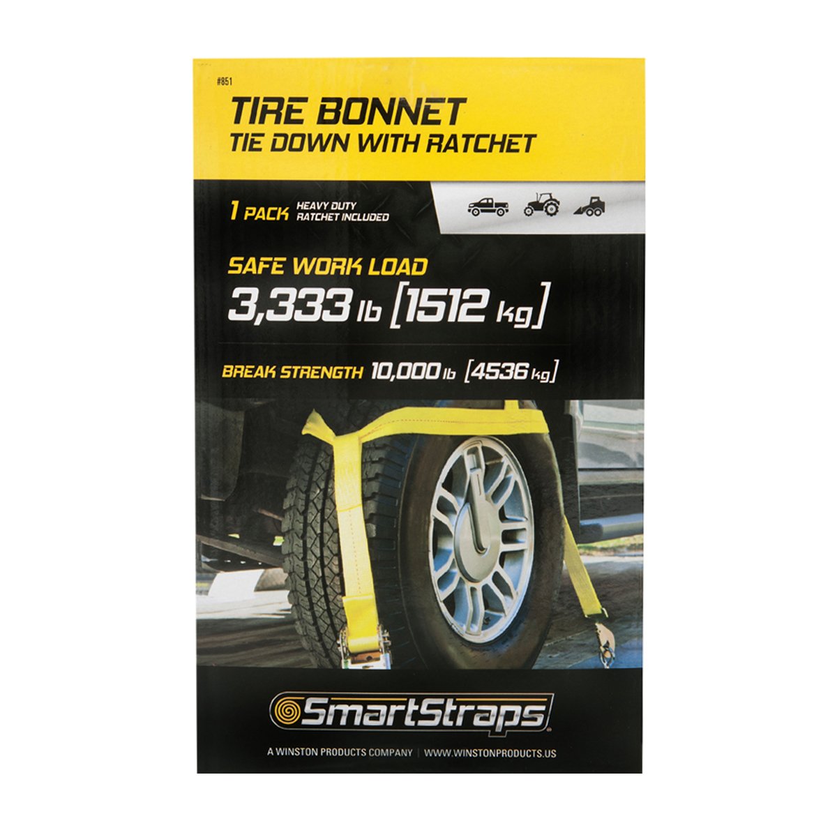 SmartStraps Tire Bonnet Ratchet Straps, 1 Pack β Commercial Duty Tire Bonnet Tie Down with Ratchet β 10,000lb Break Strength, 3,333lb Safe Work Load β Haul Equipment, Tractors and Vehicles